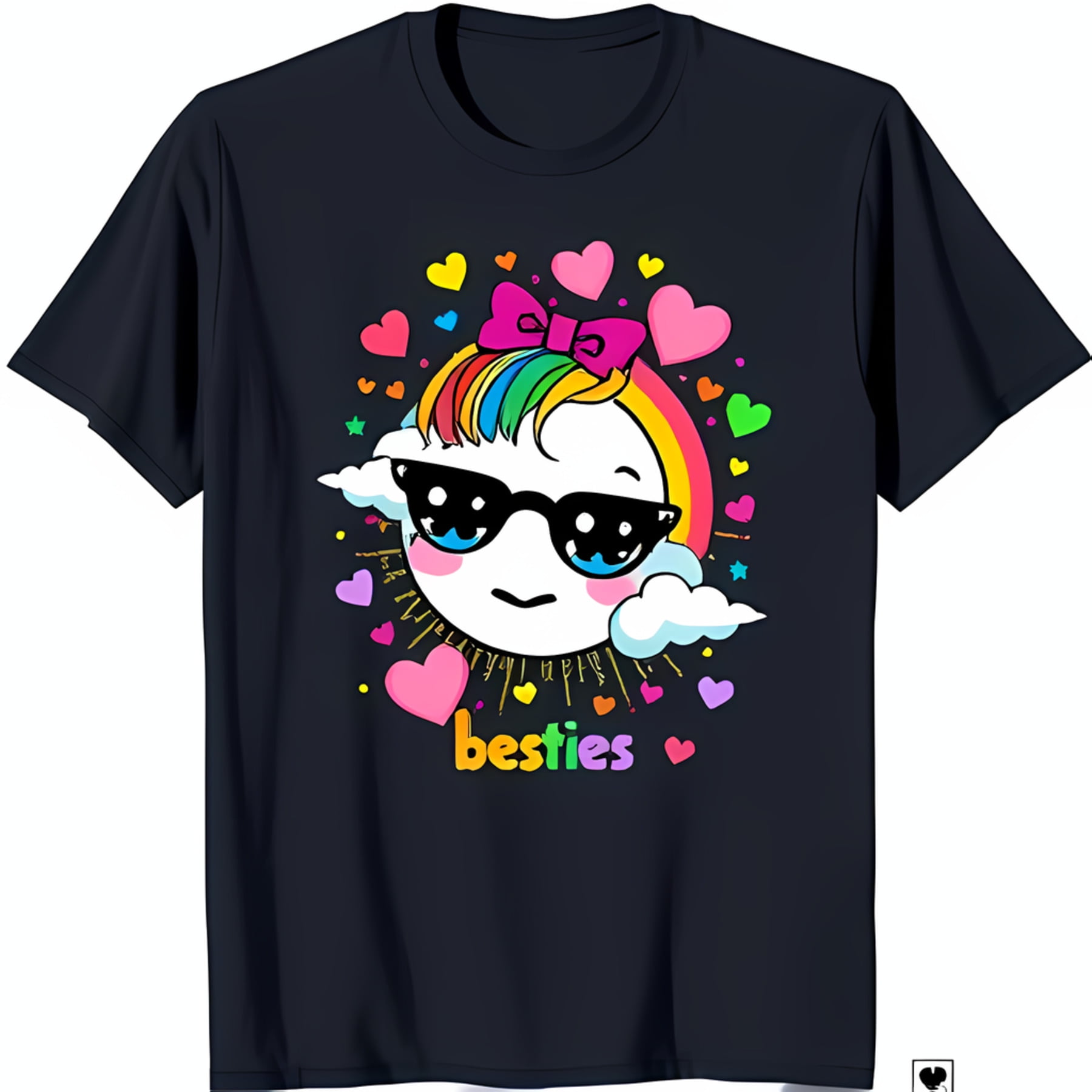 Black T-Shirt with Cartoon Sun Rainbow Hair Sunglasses & Hearts ...