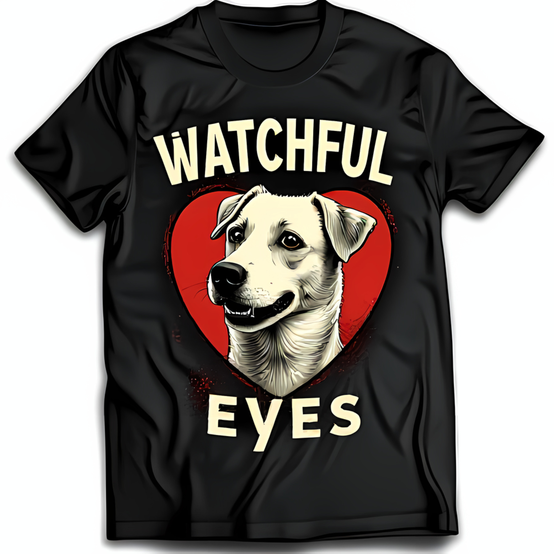 Black T-Shirt with Cartoon White Dog in Red Heart Watchful Eyes Graphic ...