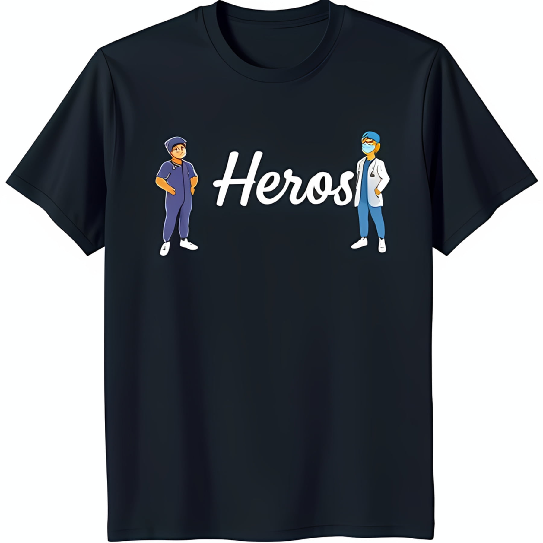 Black T-Shirt with Cartoon and Doctor Design 'Heroes' in White Script ...