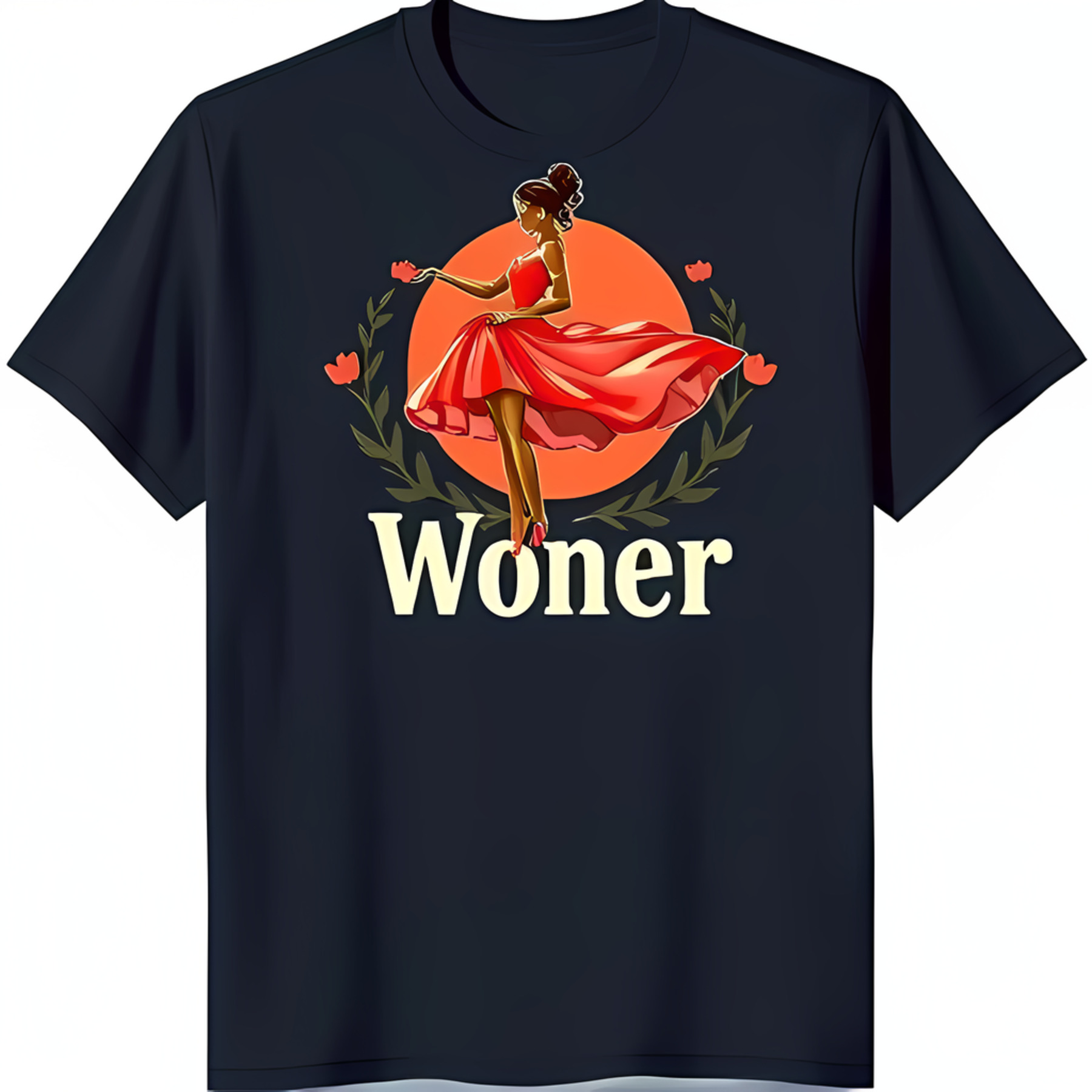 Black T-Shirt with Cartoon of Dark Skinned Woman in Red Dress & Flowers ...
