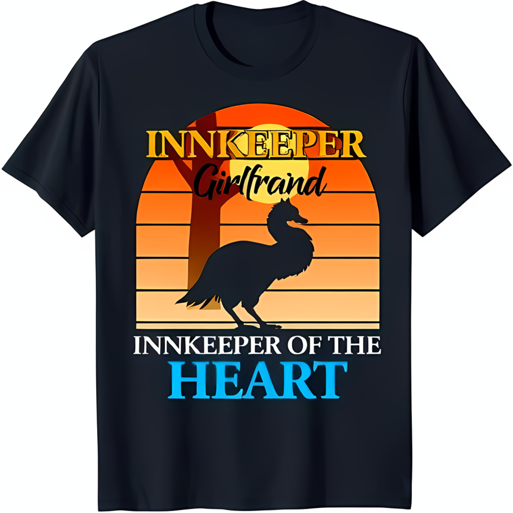 Black T-Shirt with Cassowary & Sunset 'Innkeeper Girlfriend' Design ...