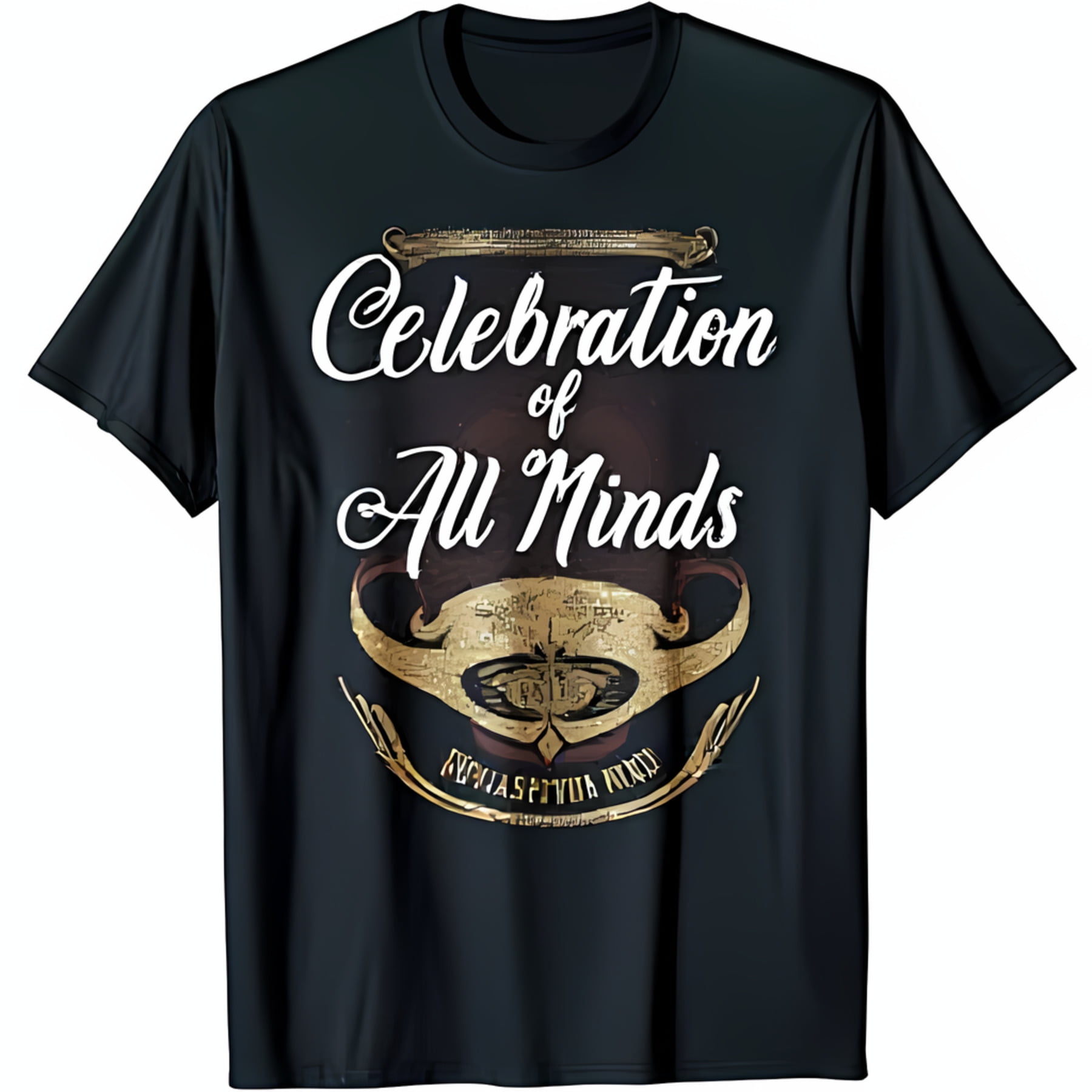 Black T-Shirt with Celebration of All Minds Cursive Graphic & Gold ...