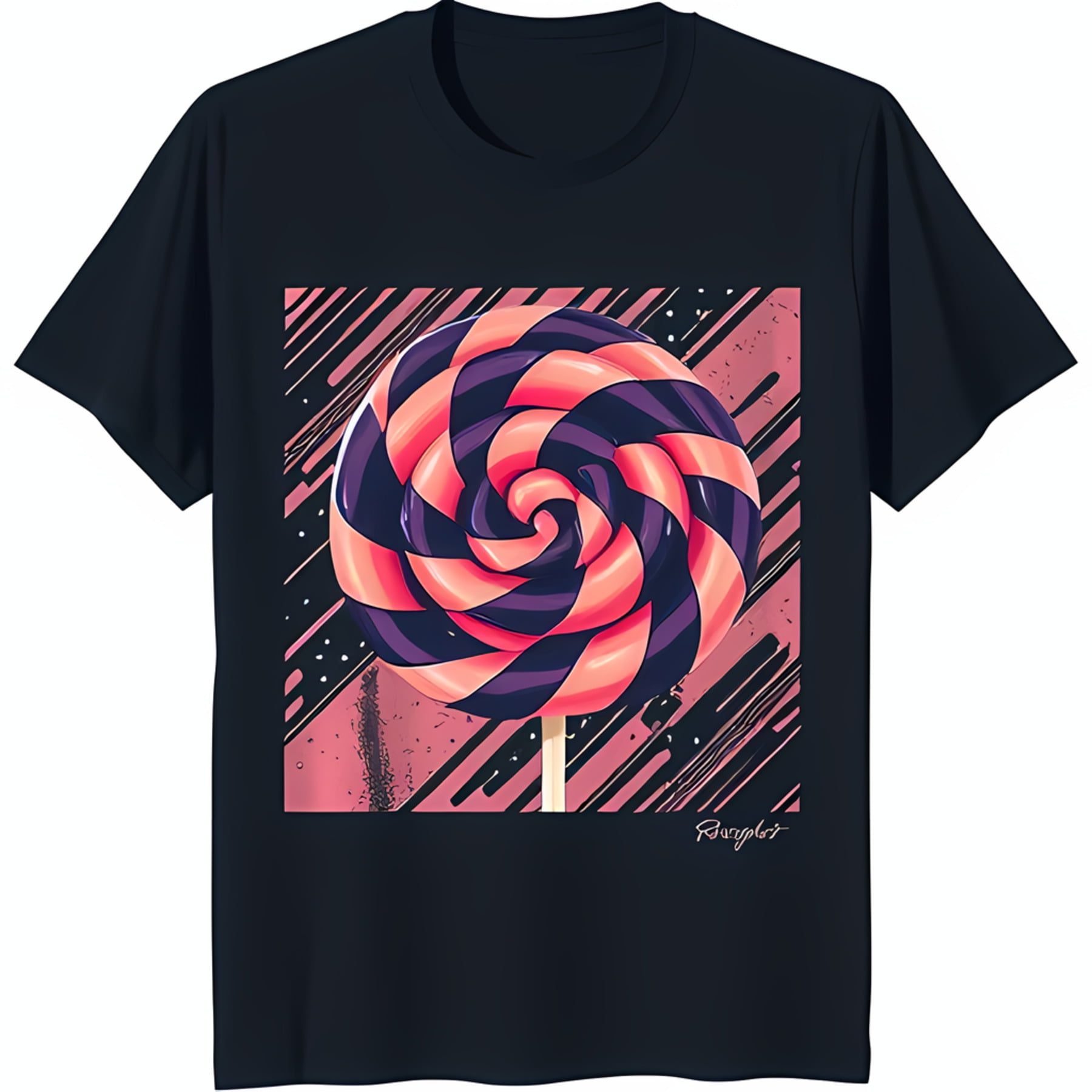 Black T-Shirt with Center Pink & Lollipop Design Surrounded by Stripes ...