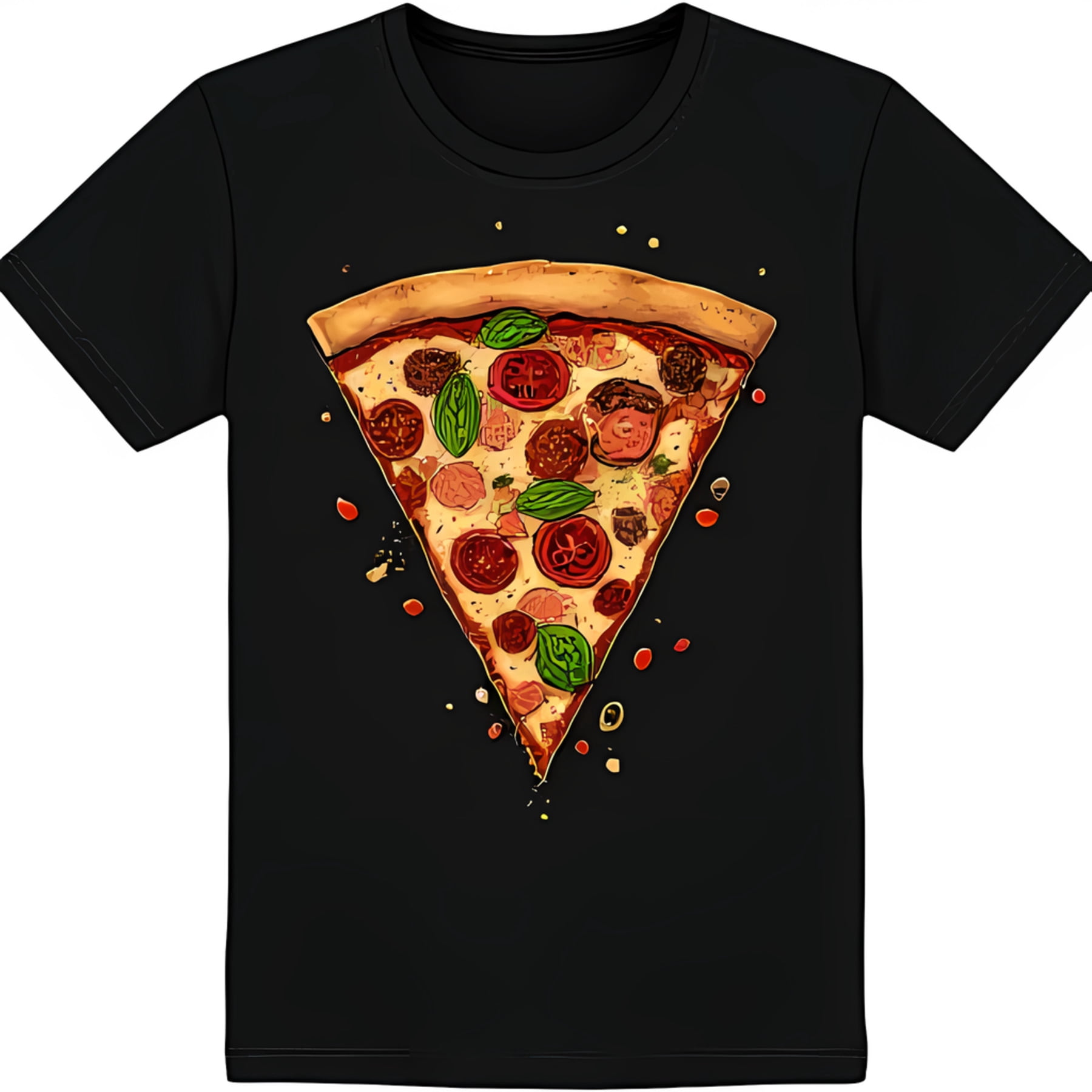 Black T-Shirt with Centered Pepperoni Pizza and Colorful Spice Dots ...