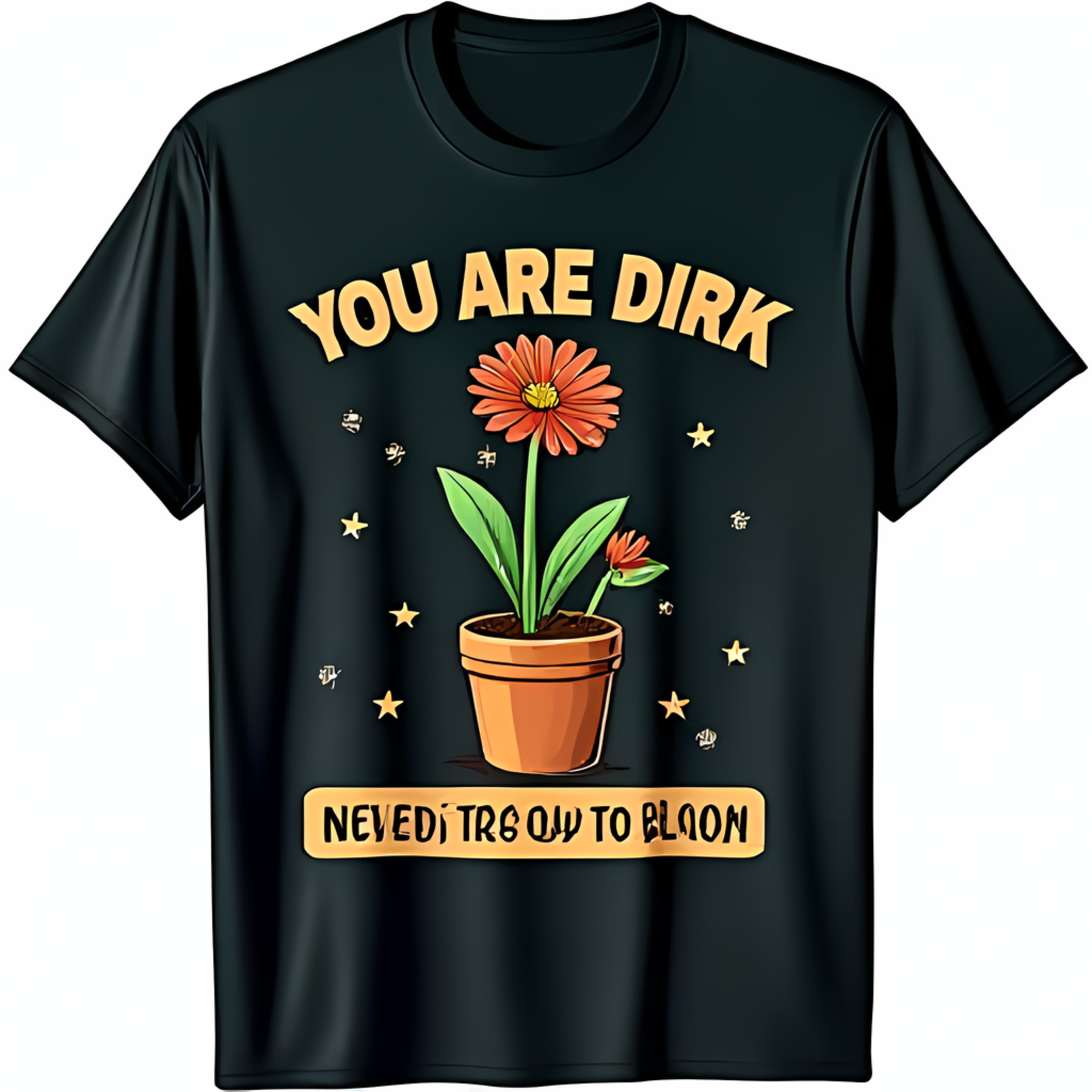 Black T-Shirt with Cheerful Flower Pot Graphic You are Dirk Never Too ...