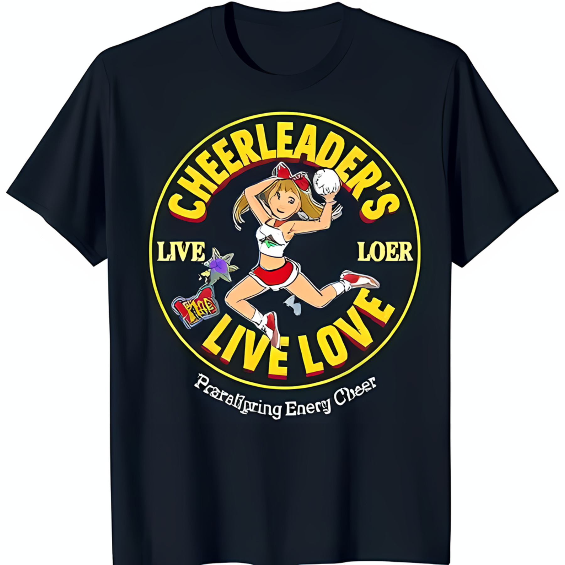 Black T-Shirt with Cheerleader Graphic 'CHEERLEADERS' & 'LIVE LOVE ...