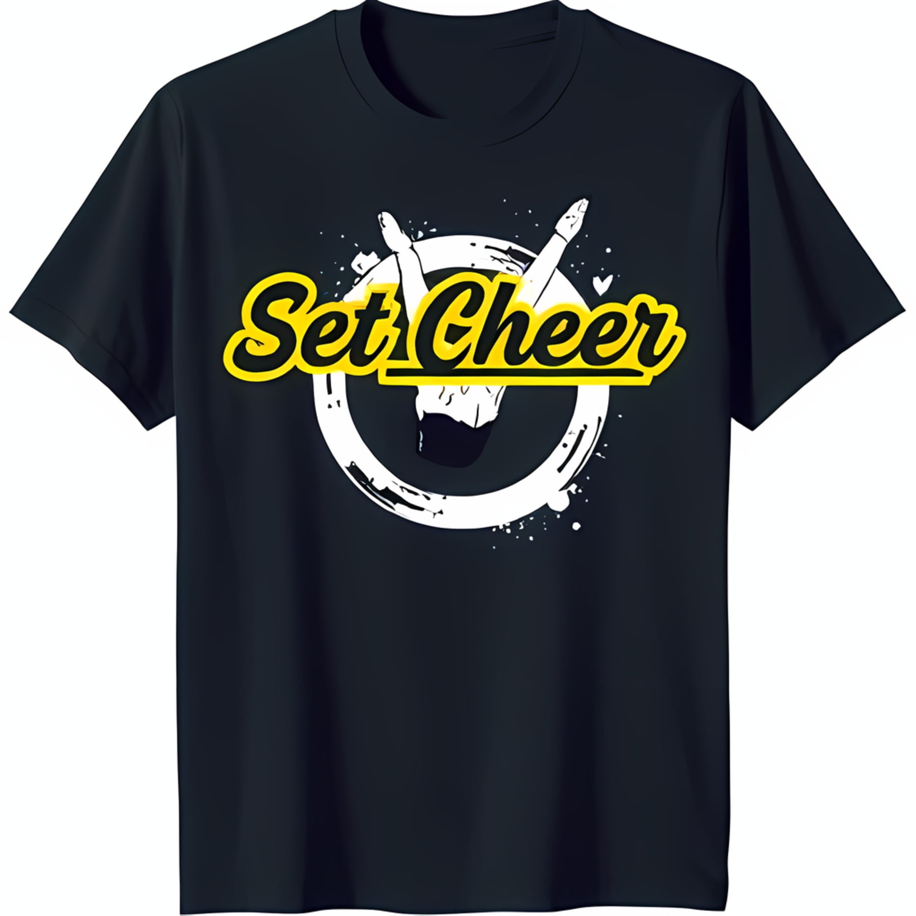 Black T-Shirt with Cheerleader in Handstand & 'Set Cheer' Text ...