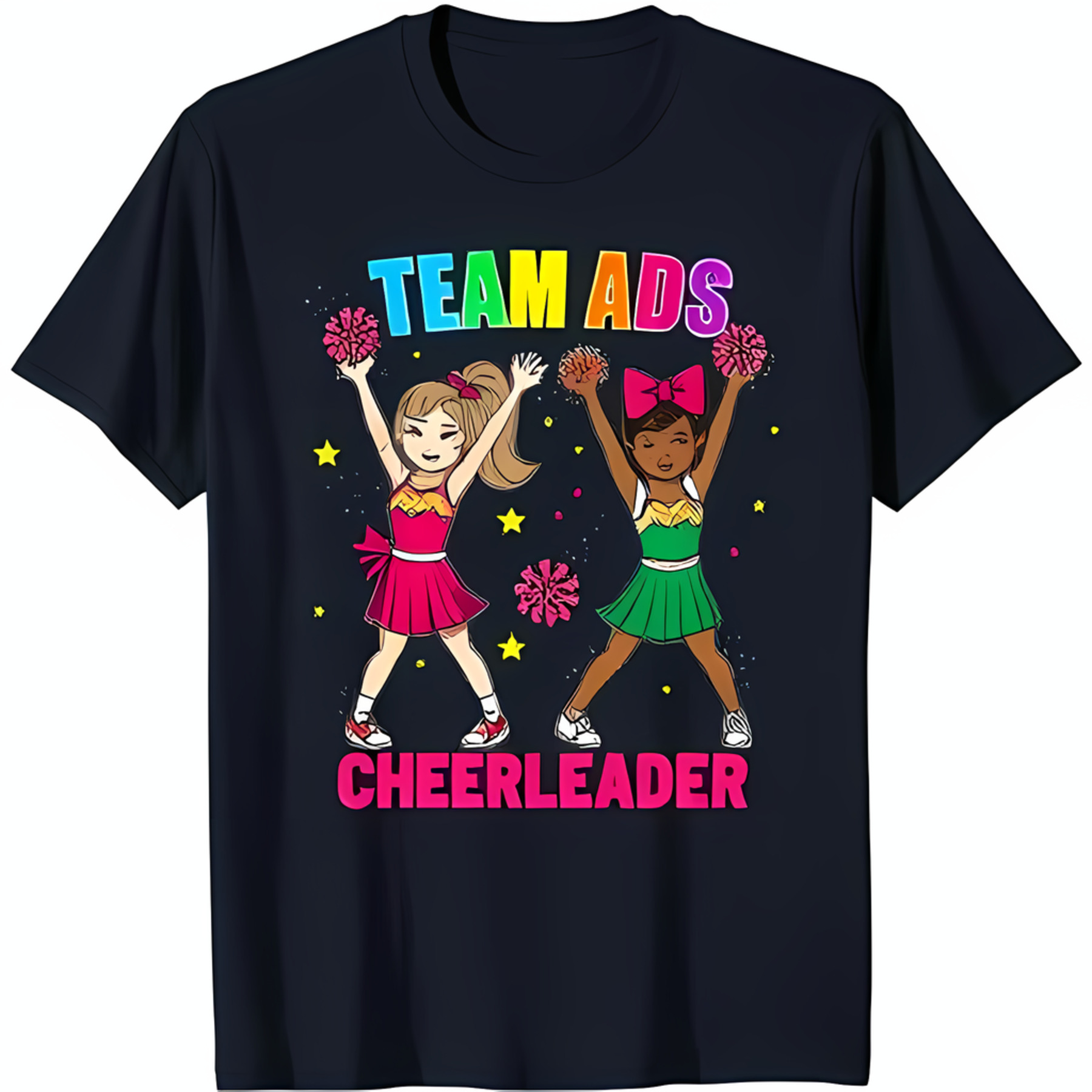 Black T-Shirt with Cheerleaders Design Colorful Uniforms & Pom Poms ...