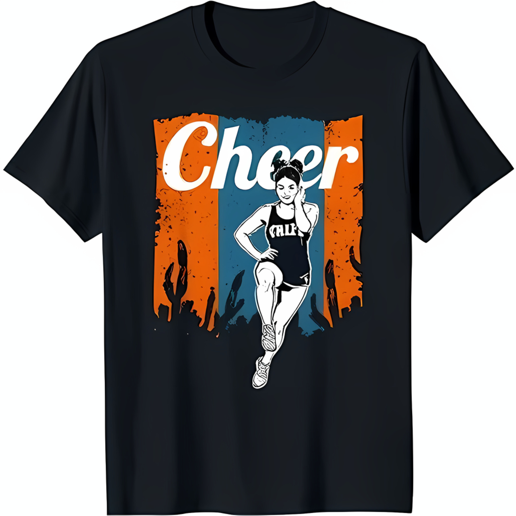 Black T-Shirt with Cheerleading Kickline Graphic & Retro Stripes ...
