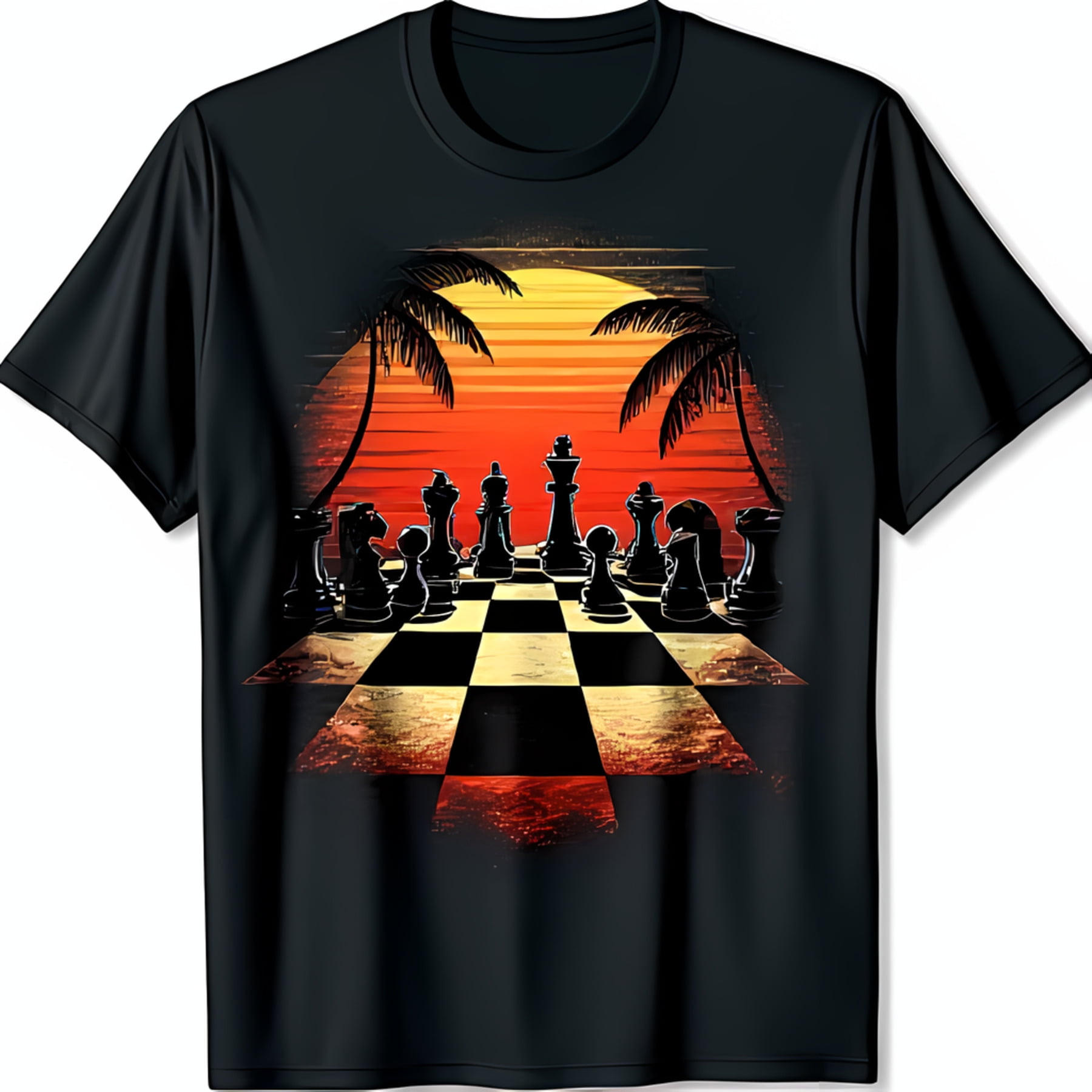 Black T-Shirt with Chess Pieces Graphic Sunset & Trees Design for Beach ...