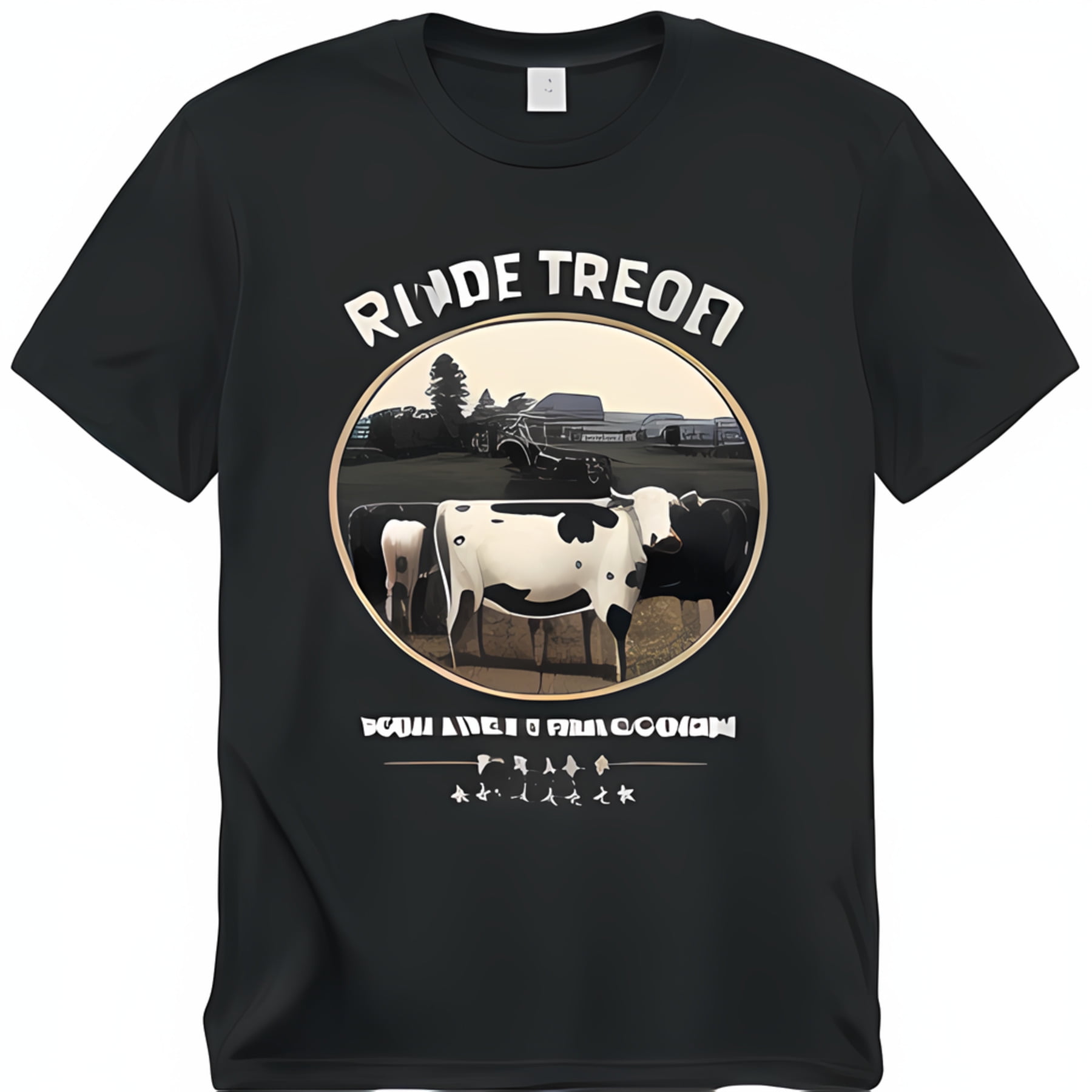 Black T-Shirt with Circular Cow Design Rínde Treon & Baile Átha Troim ...