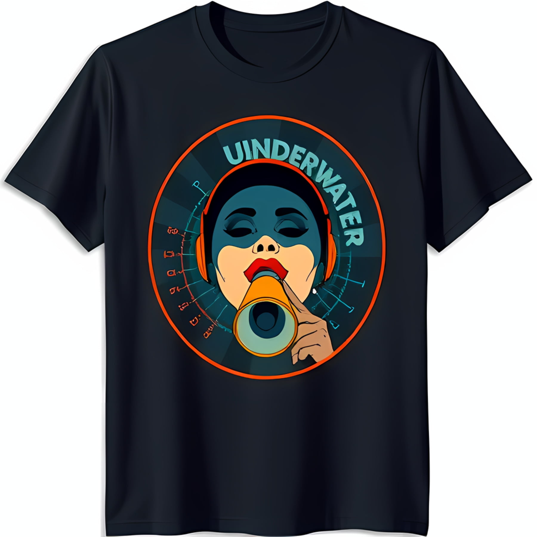 Black T-Shirt with Circular Design of Woman with Megaphone 'Underwater ...