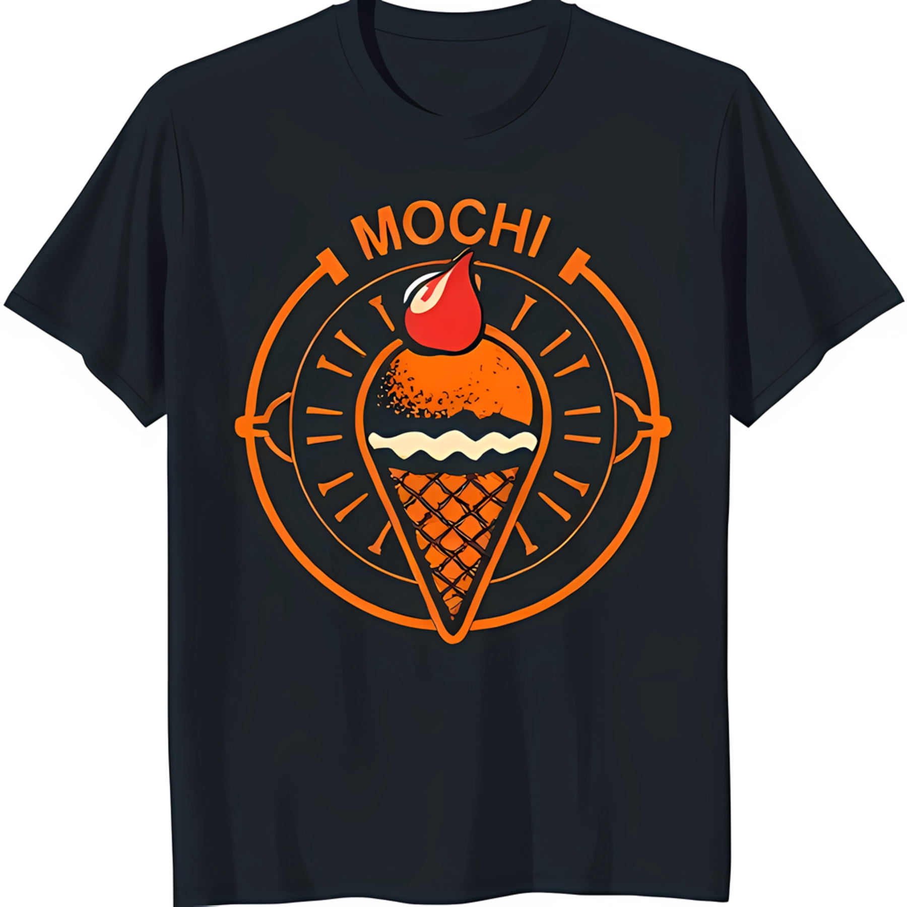 Black T-Shirt with Circular Featuring Ice Cream & 'MOCHI' Text ...