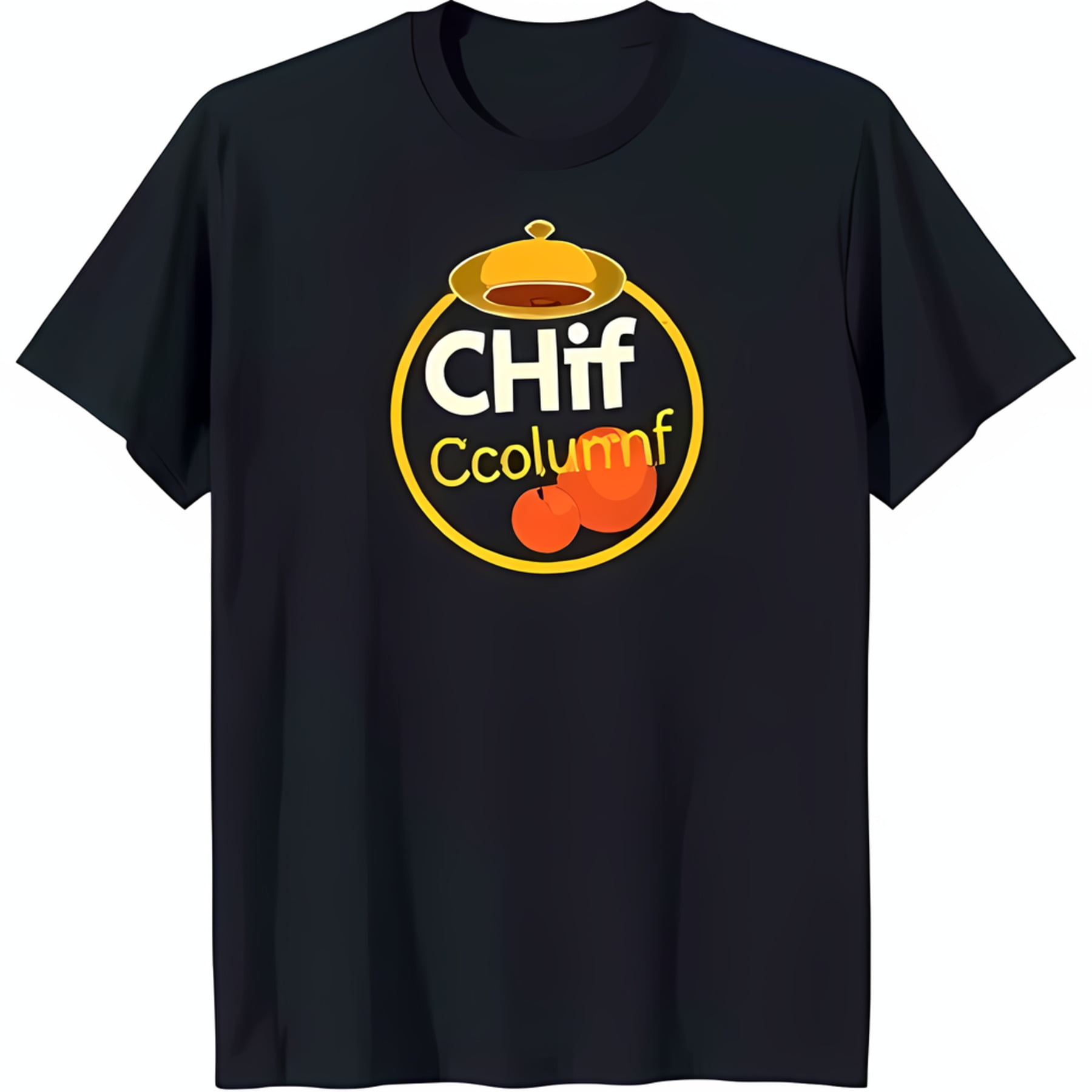 Black T-Shirt with Circular Yellow Design Featuring 'CHif Ccolumf' and ...