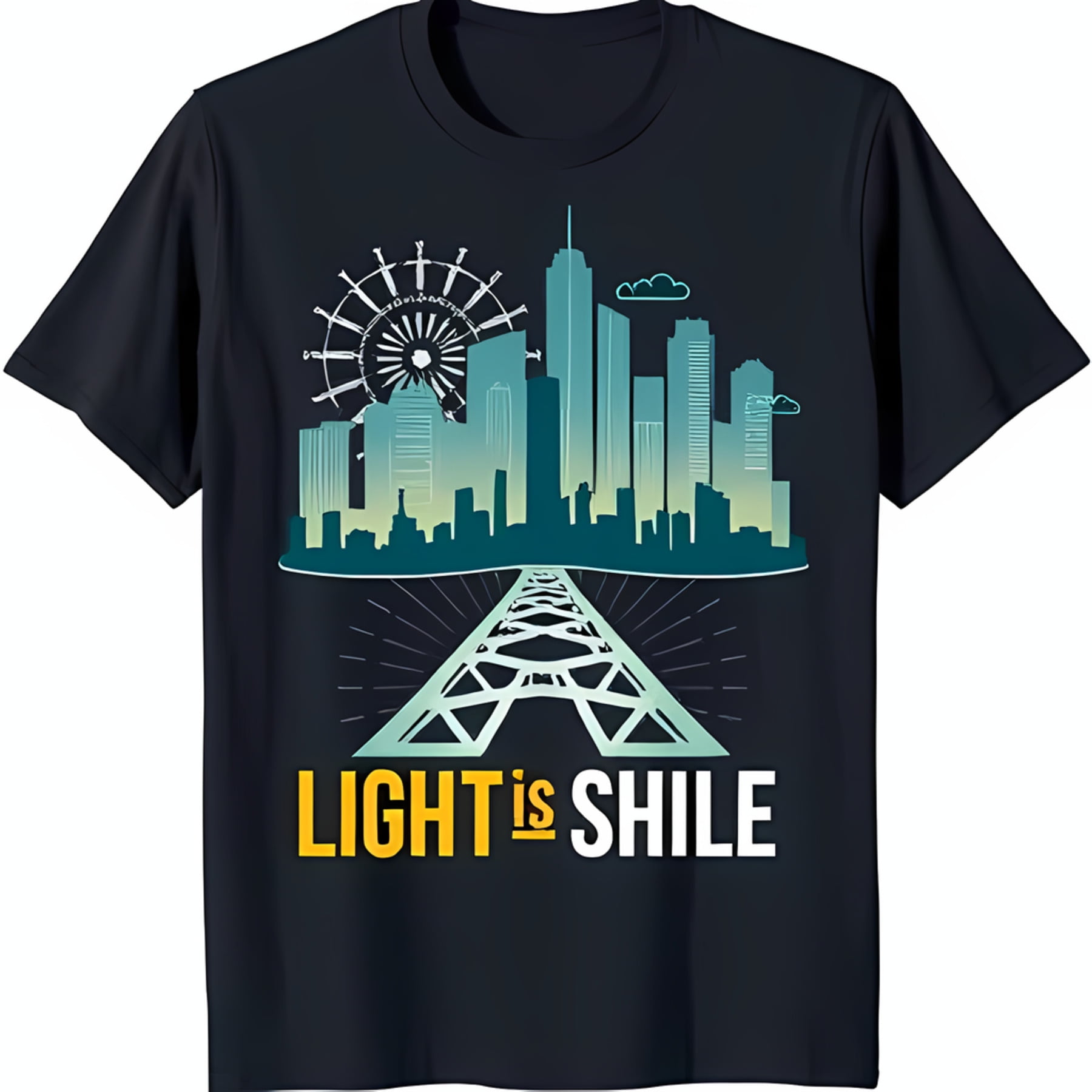 Black T-Shirt with Cityscape Design Featuring Ferris Wheel & Tracks ...