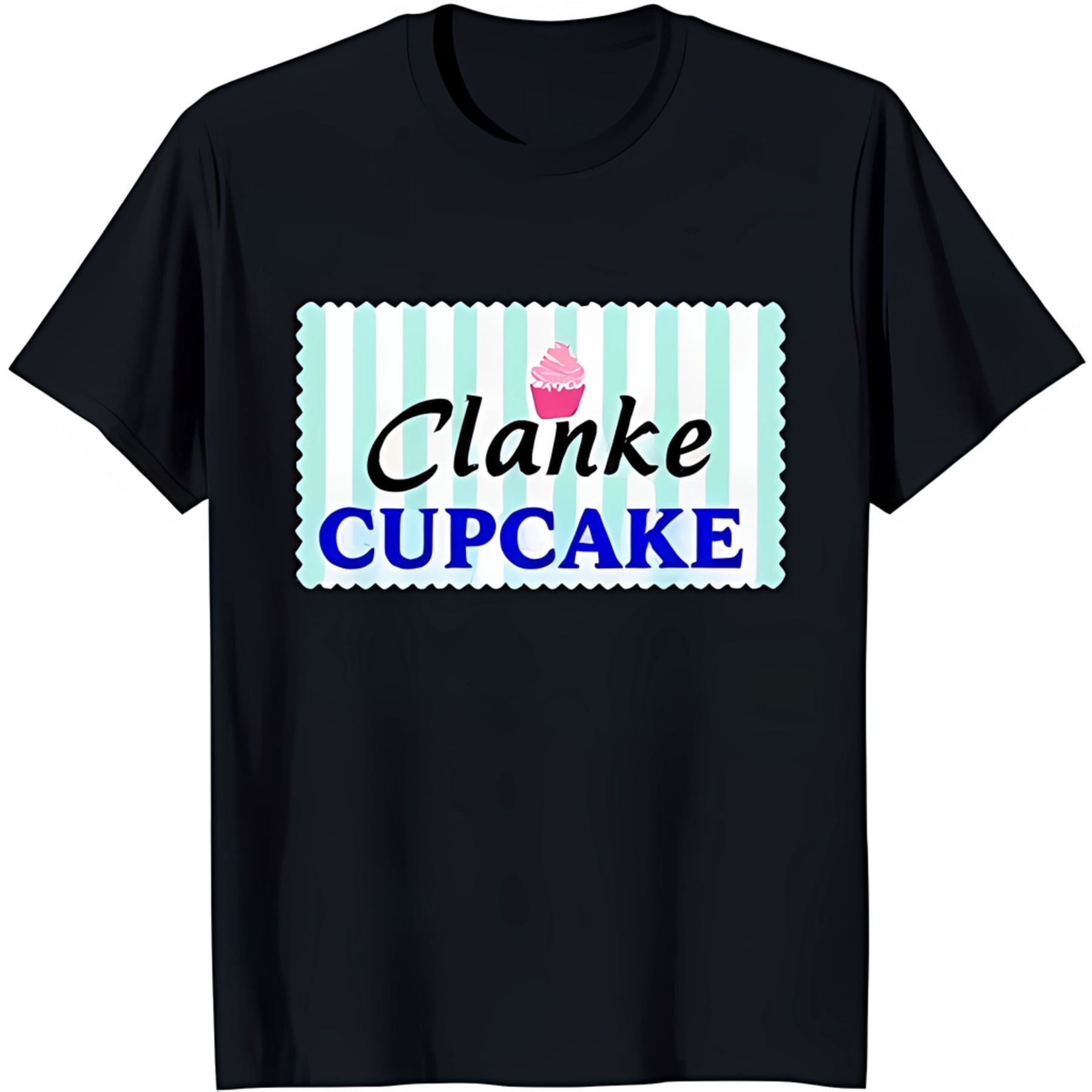 Black T-Shirt with 'Clanke CUPCAKE' Design Teal Striped Background ...
