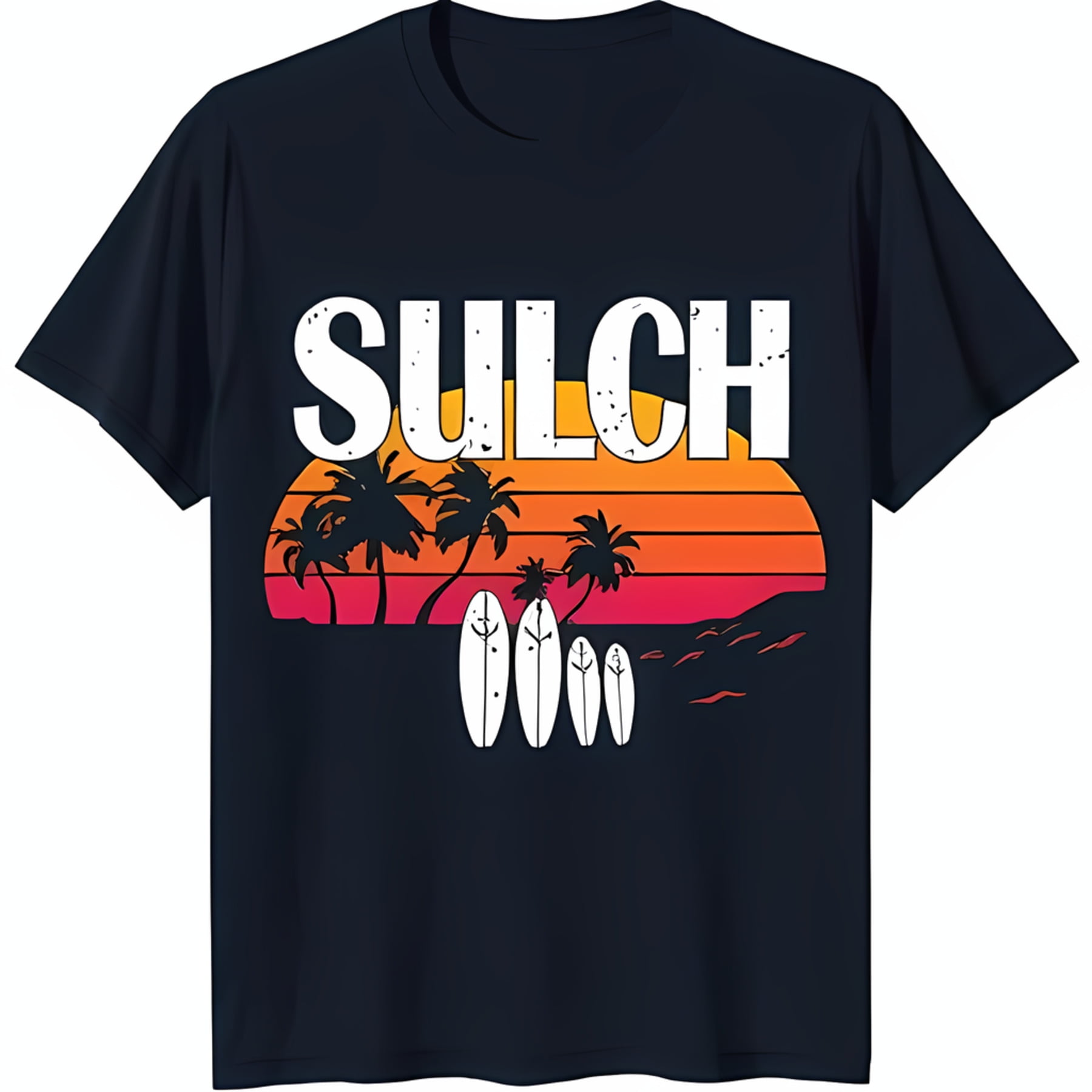 Black T-Shirt with Classic Sunset Scene Trees & Surfboards 'SULCH ...