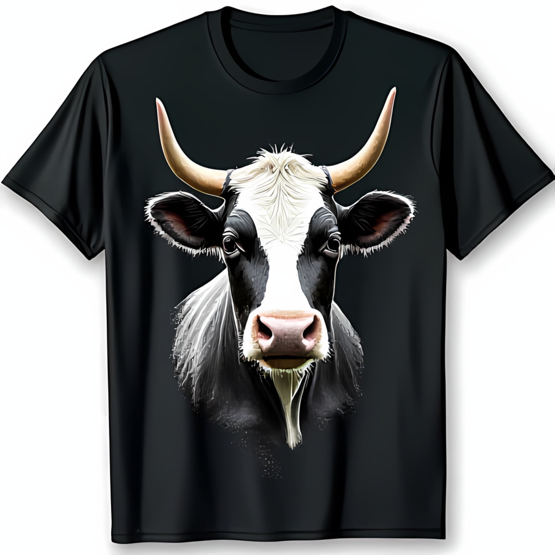 Black T-Shirt with Close Up Cow Face Print Unique Animal Graphic Tee ...