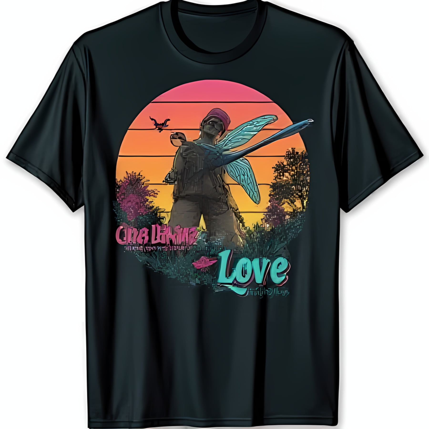 Black T-Shirt with Colorful Butterfly Graphic Sunset Scene & Friendship ...