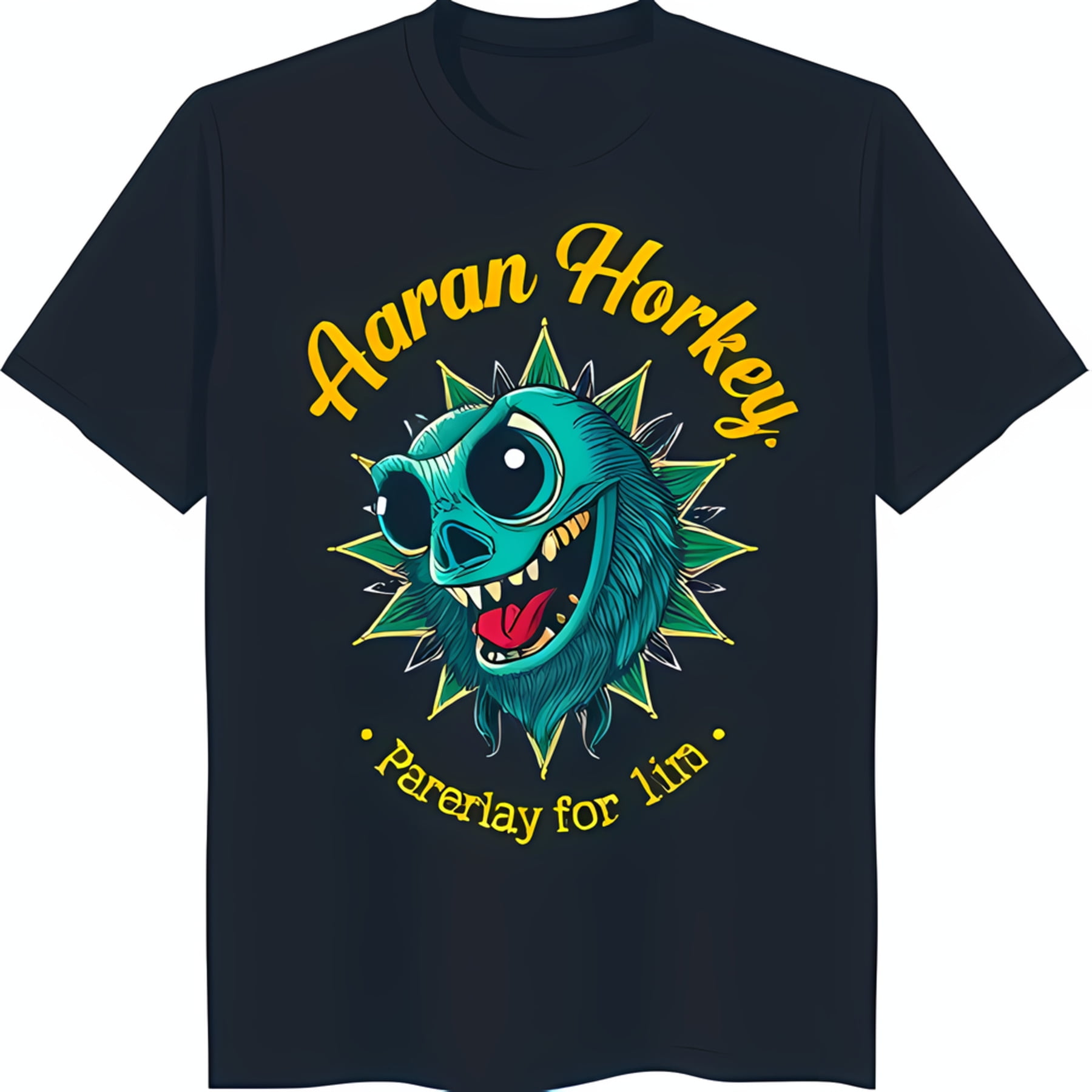 Black T-Shirt with Colorful Cartoon Graphic of Green Creature Aaran ...
