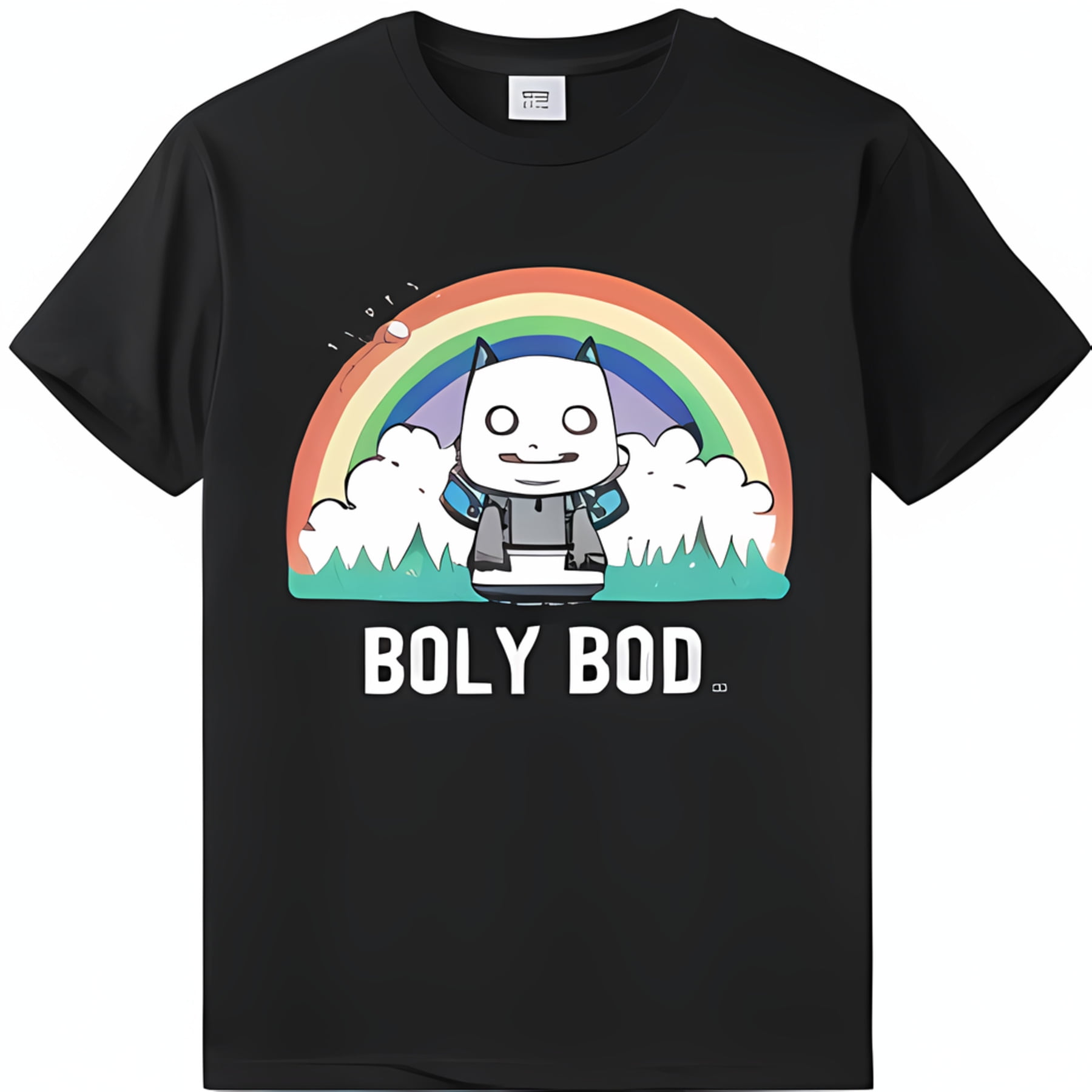 Black T-Shirt with Colorful Clouds & Cartoon Character Boly Bod Design ...