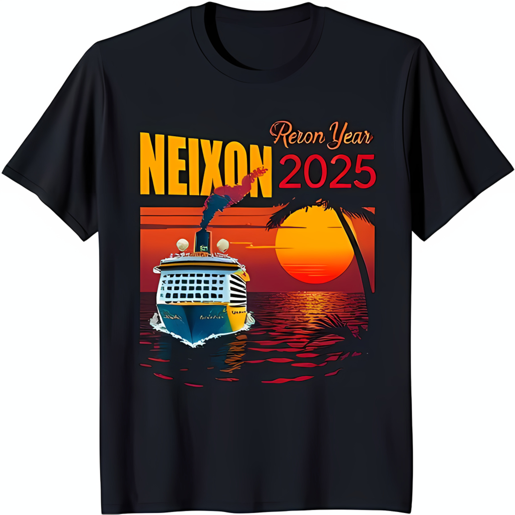 Black T-Shirt with Colorful Cruise Ship Design Sunset Trees & 'Relaxion ...