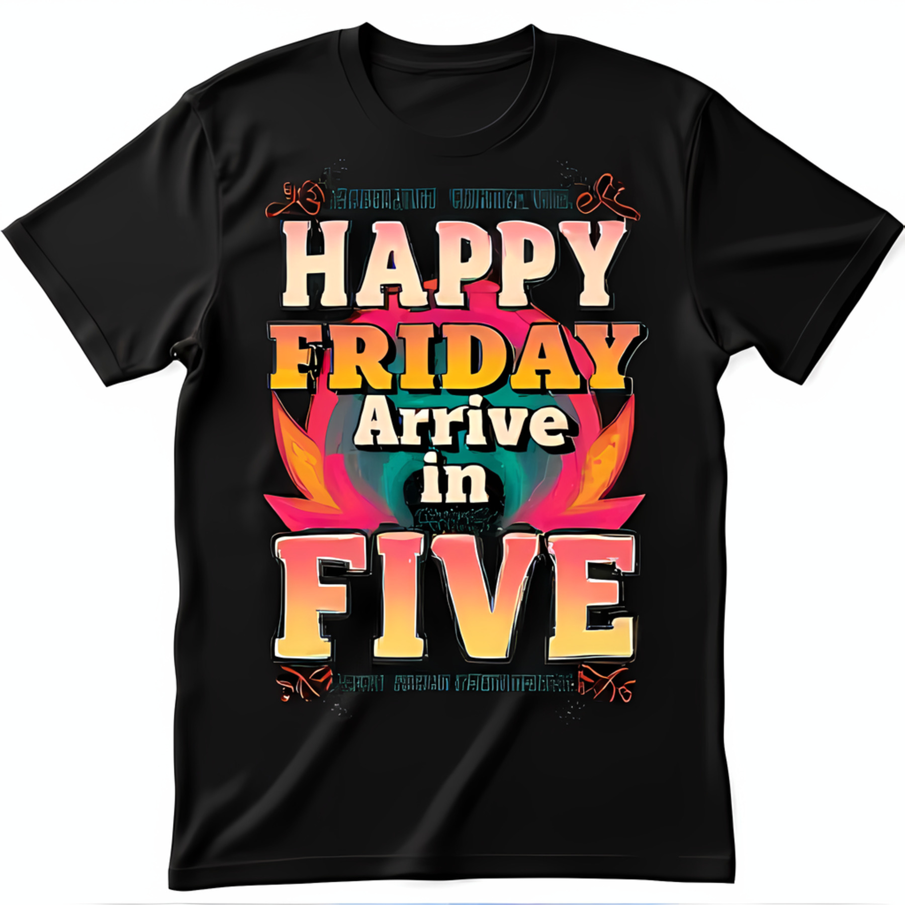 Black T-Shirt with Colorful Flame Design 'Happy Friday Arrive in Five ...