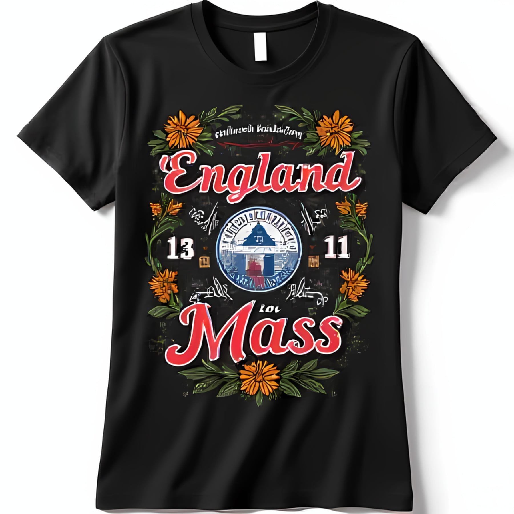 Black T-Shirt with Colorful Floral Design & House 'England' & 'Mass' in ...