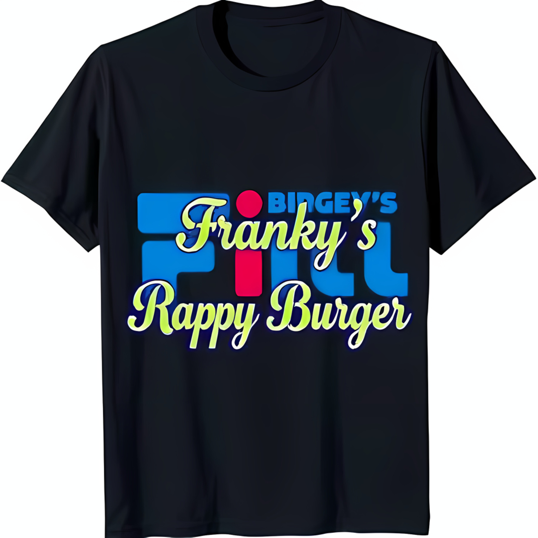 Black T-Shirt with Colorful 'Frankie's Rappy Burger' Graphic Design ...