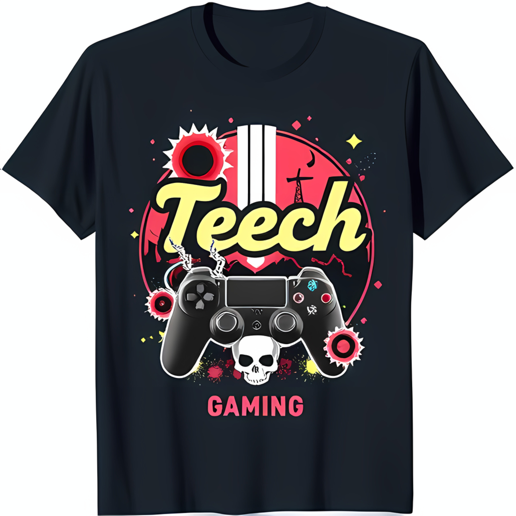 Black T-Shirt with Colorful Gaming Controller Graphic & 'Teech Gaming ...