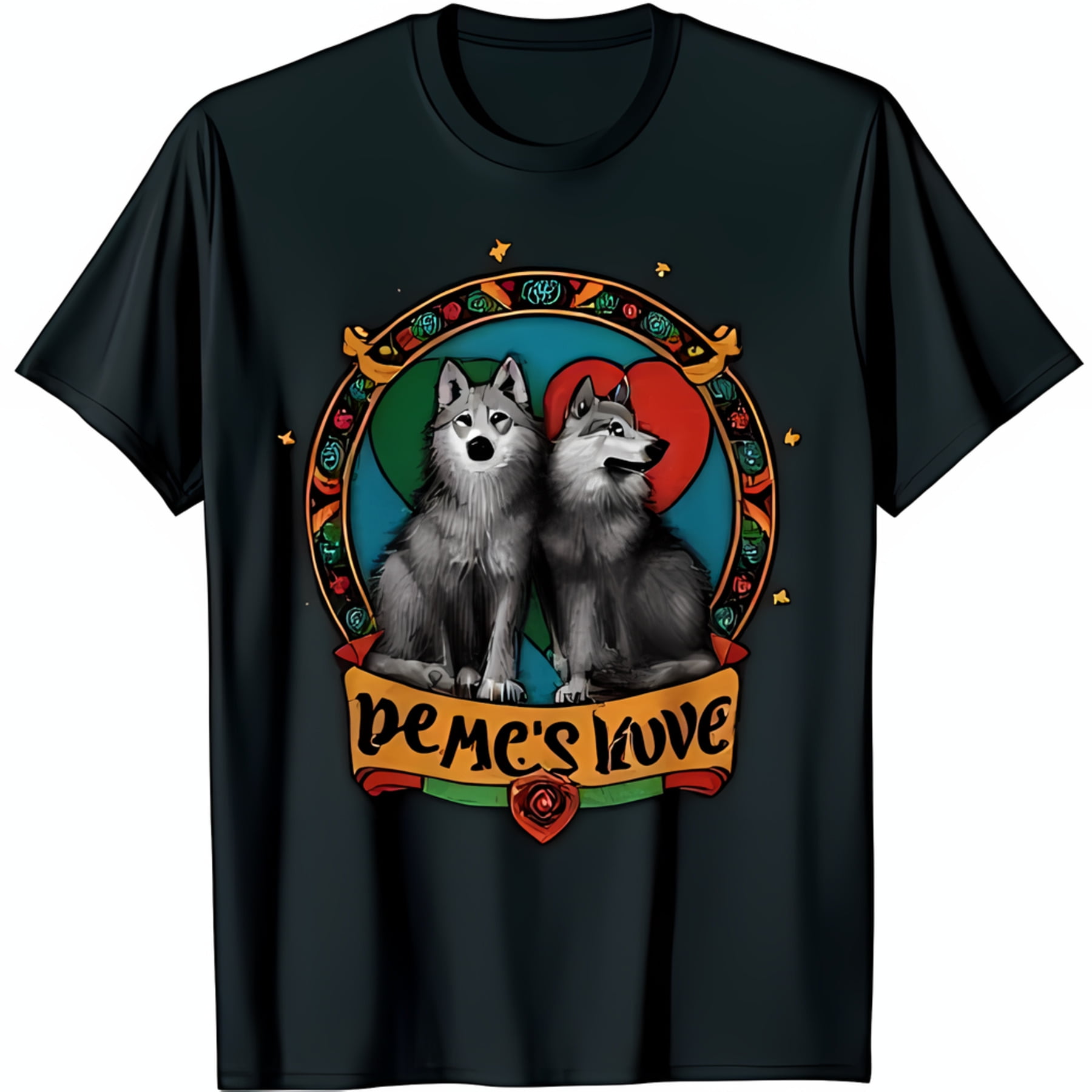 Black T-Shirt with Colorful Grey Wolves Graphic Peace Sign & Heart Deme ...
