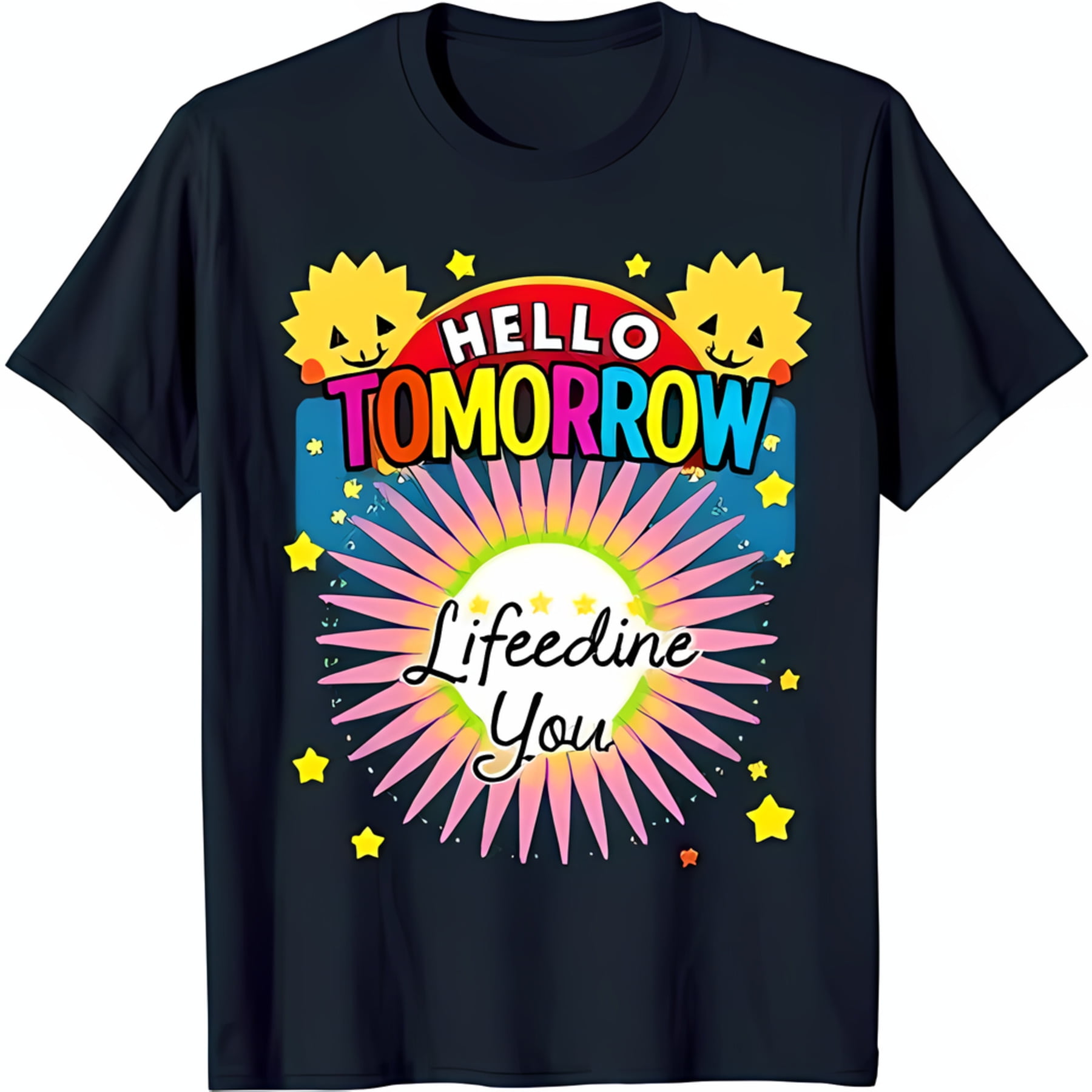 Black T-Shirt with Colorful Hello Tomorrow Lifeline You Graphic Design ...