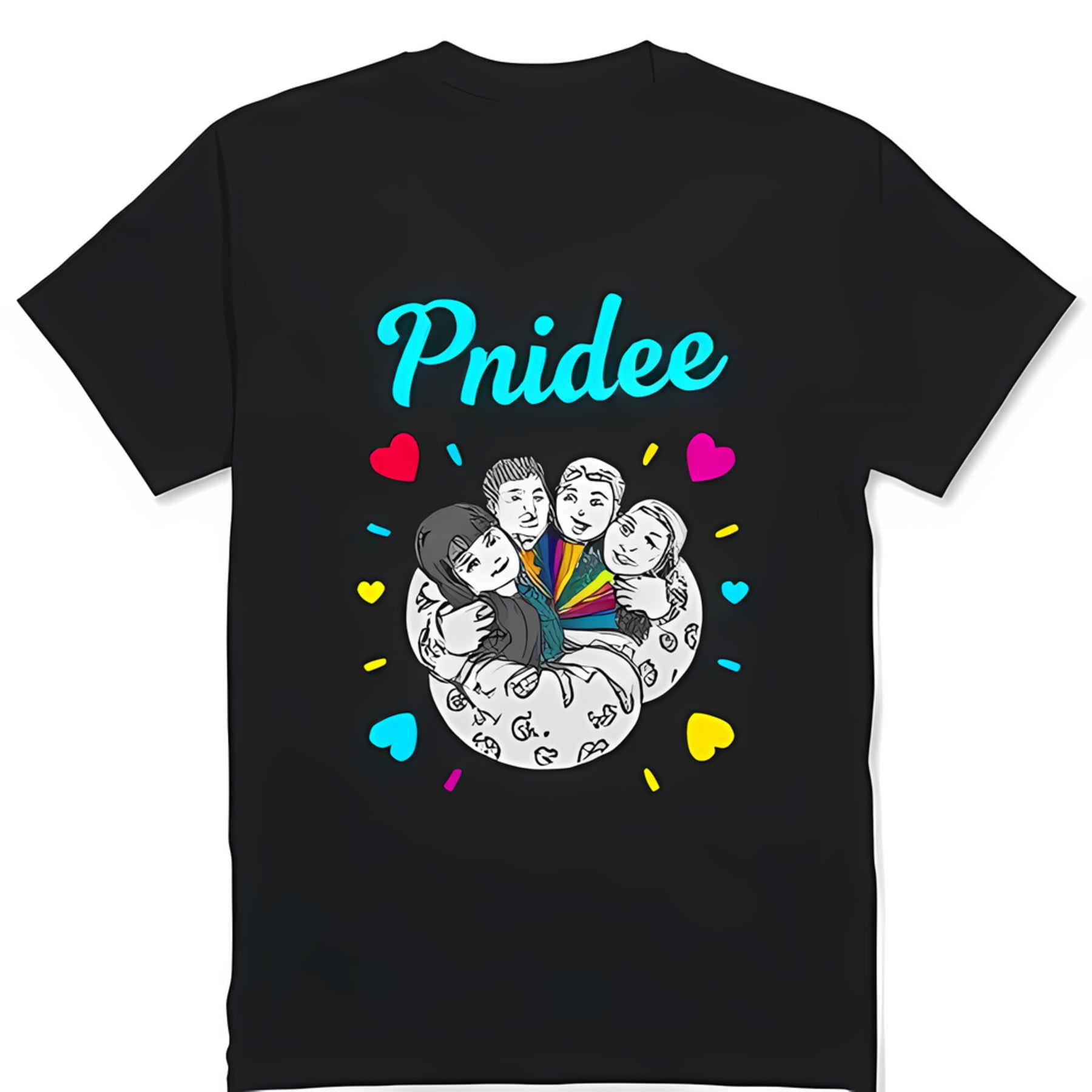 Black T-Shirt with Colorful Hugging Friends Graphic & 'Phidee' Cursive ...