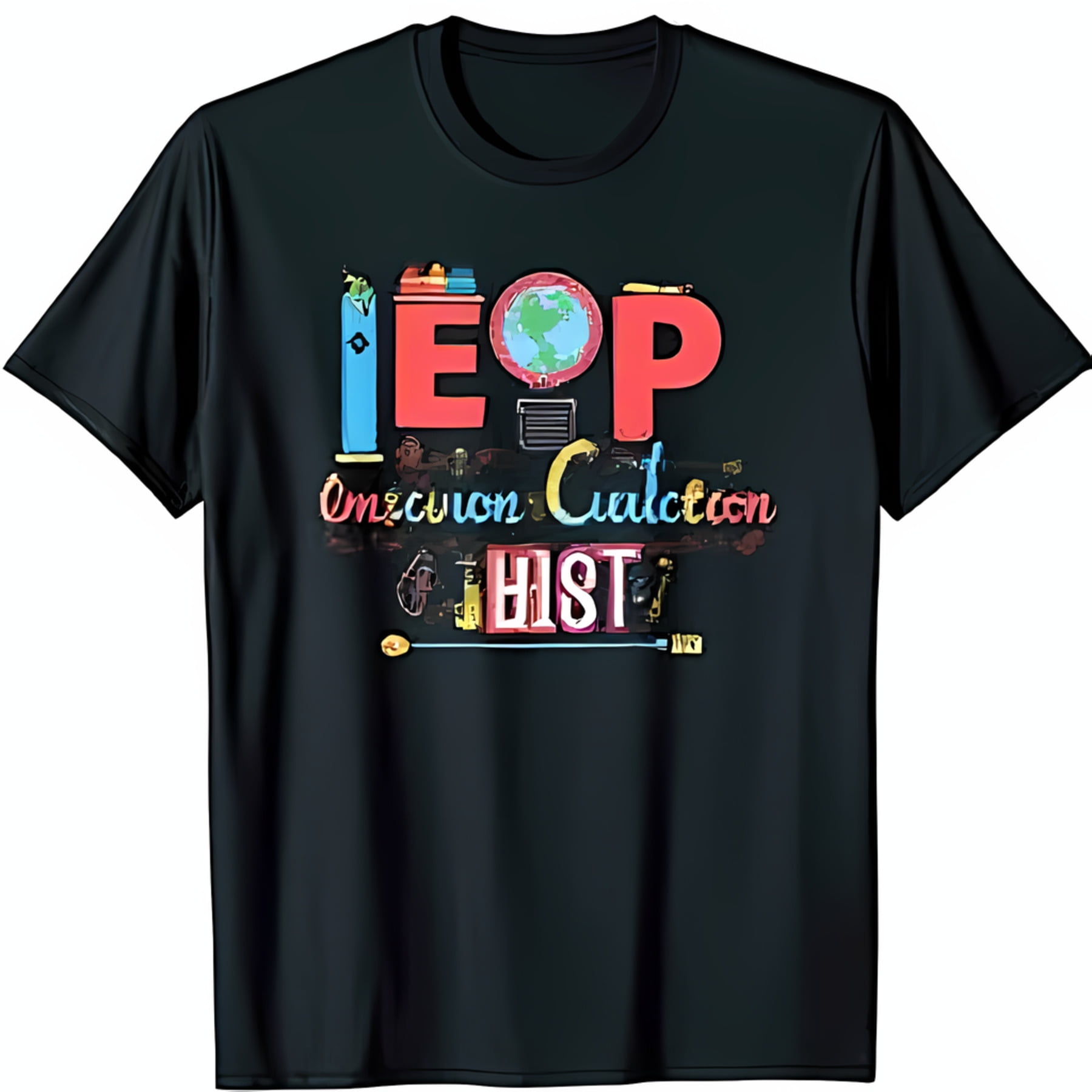 Black T-Shirt with Colorful IEOP Graphic Globe Design & Instruction ...