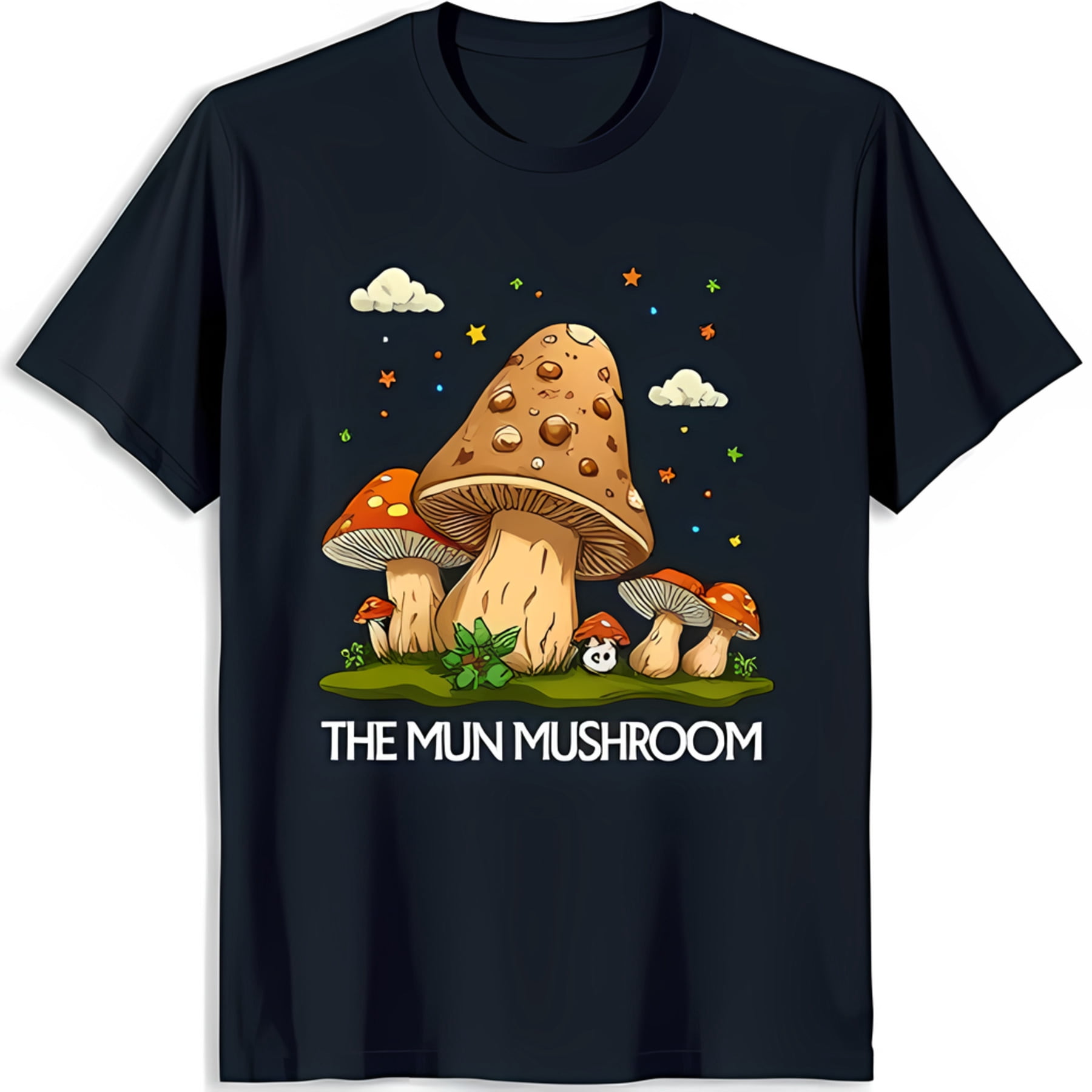 Black T-Shirt with Colorful Mushroom Design Sky Background & 'THE MUN ...