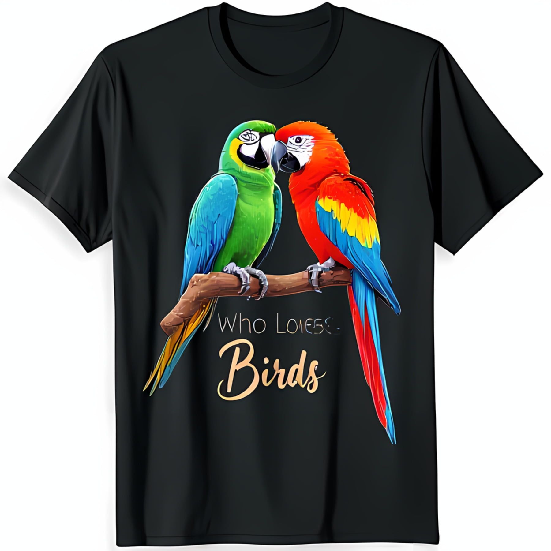 Black T-Shirt with Colorful Parrots Design Macaws Touching Beaks 'Who ...