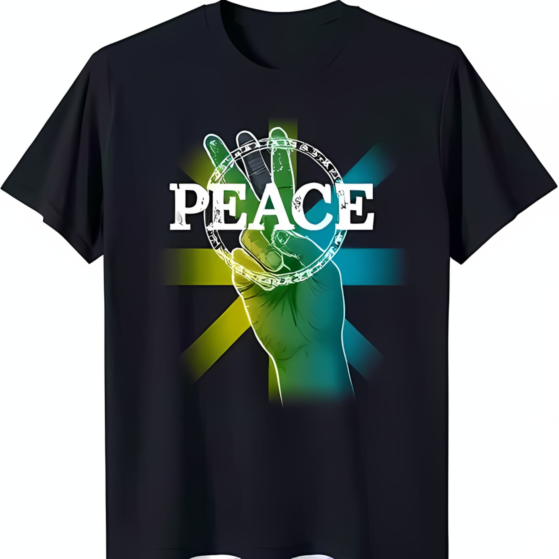 Black T-Shirt with Colorful Peace Sign Graphic & Bold 'PEACE' Text ...