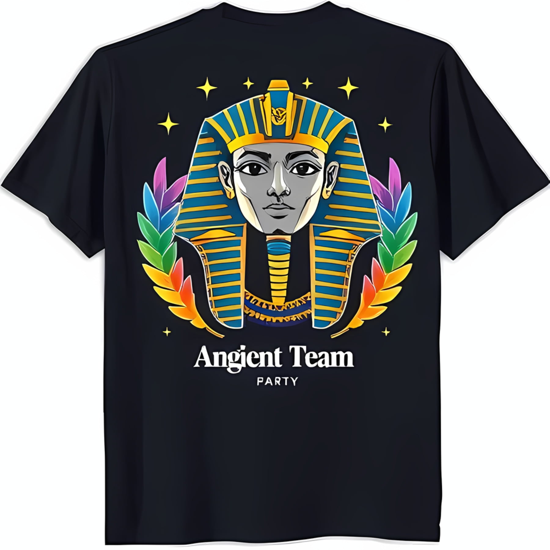 Black T-Shirt with Colorful Pharaoh Graphic & 'Ancient Team Party' Text ...