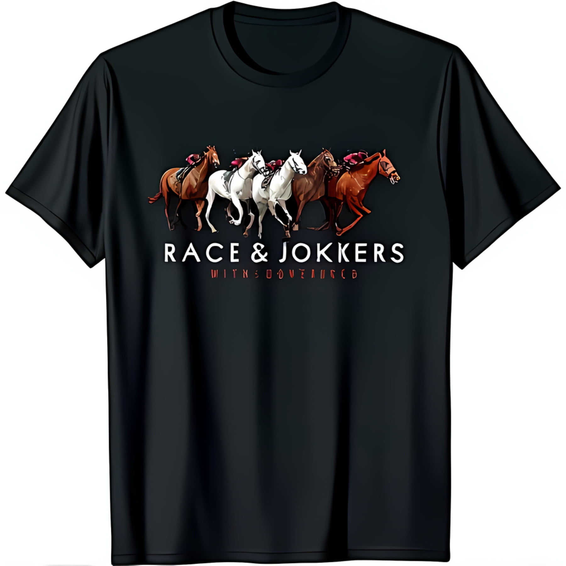 Black T-Shirt with Colorful Racehorses Graphic & Race & Jokkers Wins ...