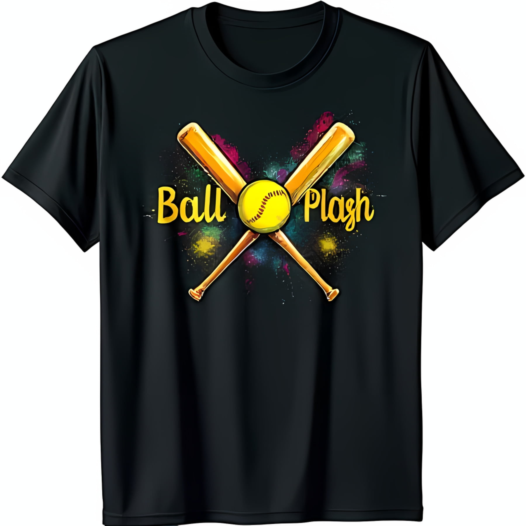 Black T-Shirt with Colorful Splatter Graphic Crossed Golden Bats & Yellow Softball - Walmart.com