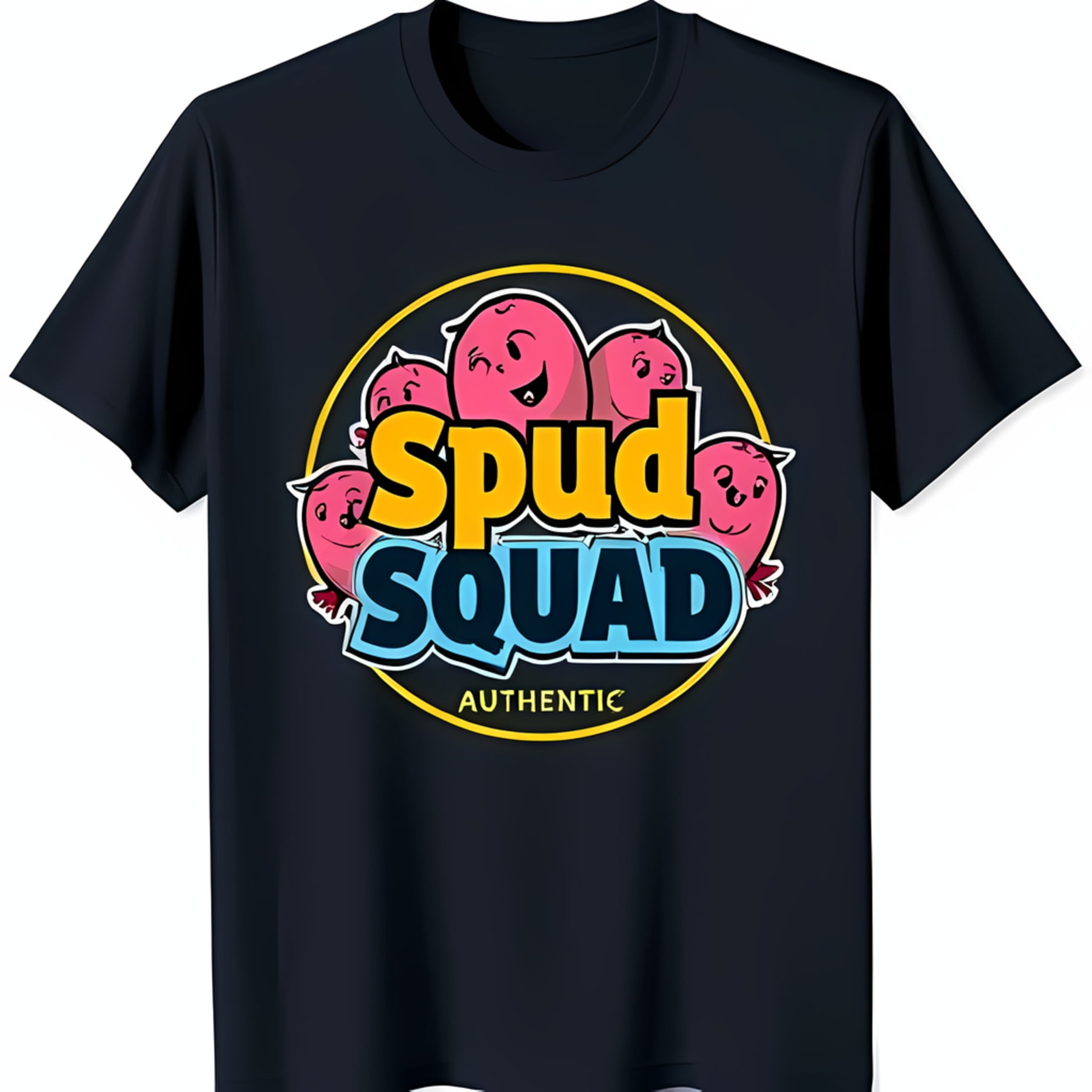 Black T-Shirt with Colorful 'Spud Squad' Graphic and Cartoon Characters ...