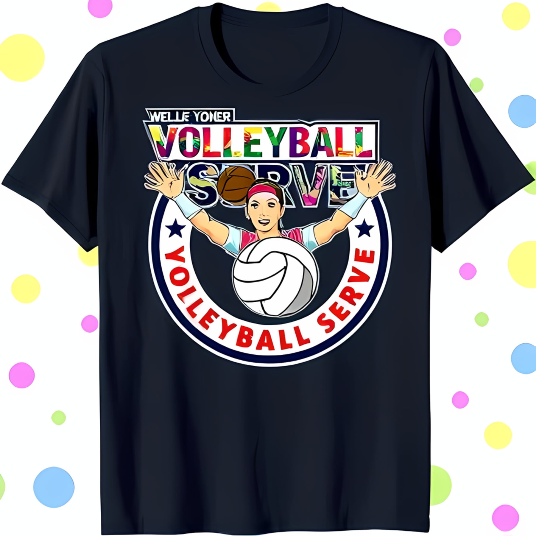 Black T-Shirt with Colorful Volleyball Graphic 'Volleyball Serve ...