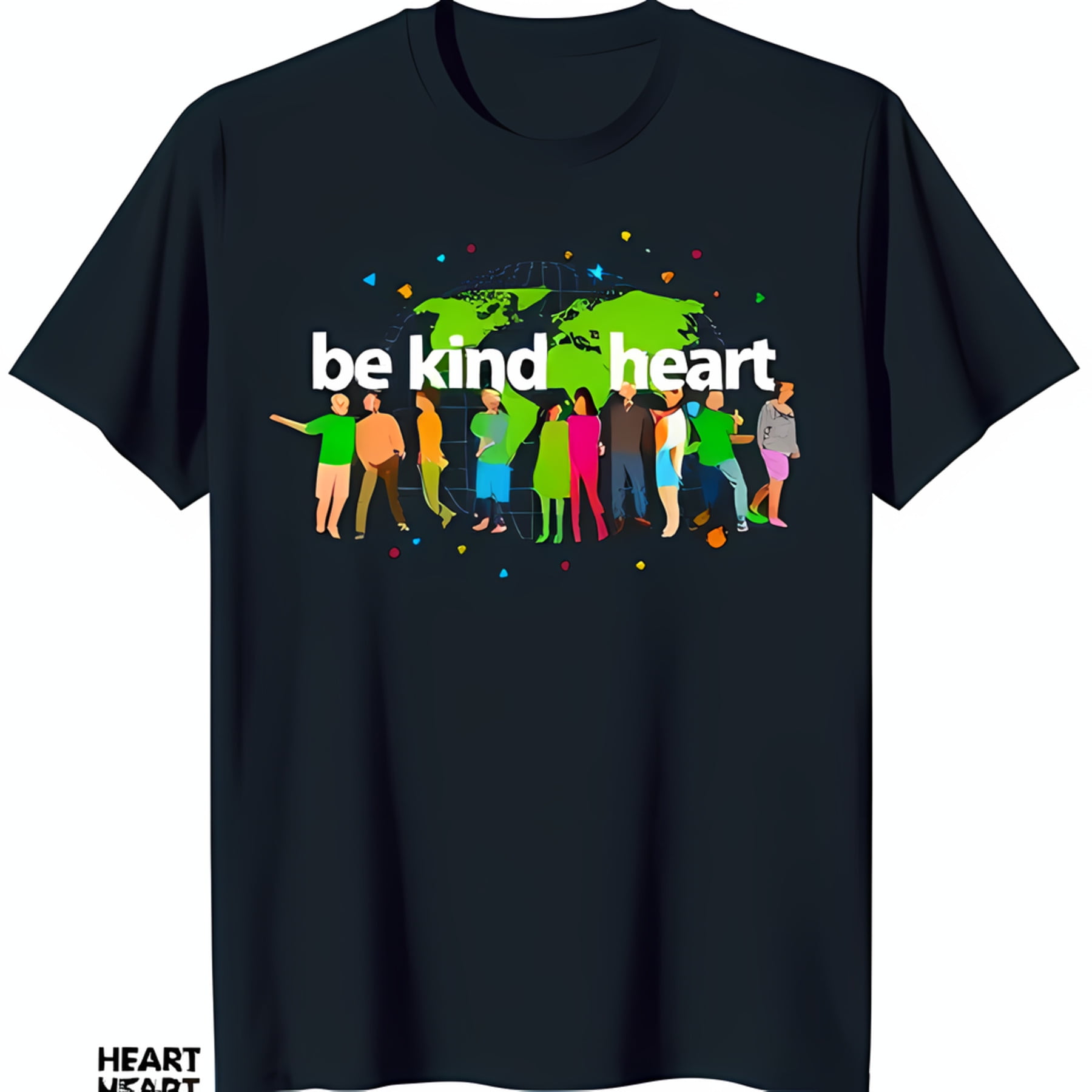 Black T-Shirt with Colorful World Map & 'Be Kind Heart' Graphic Design ...