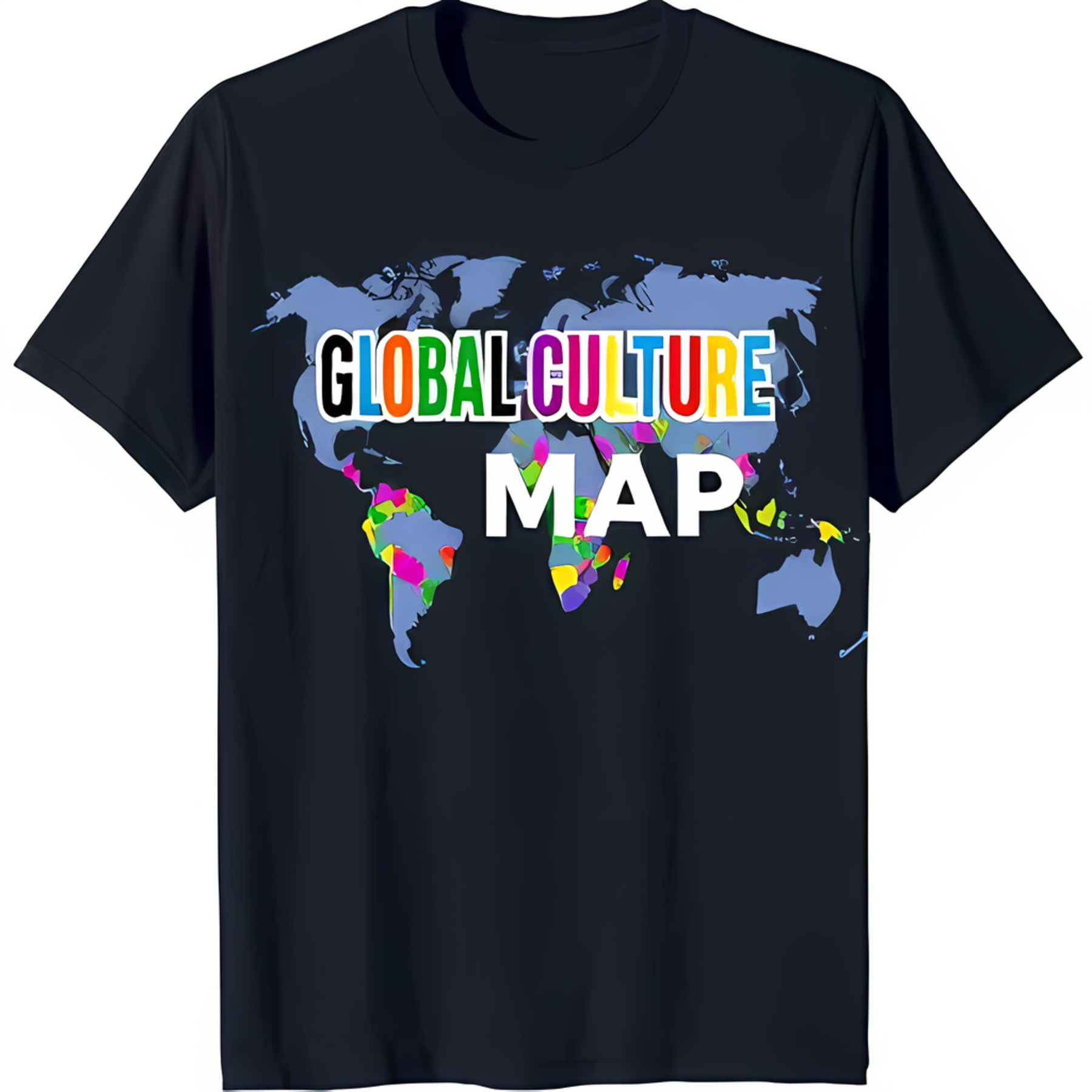 Black T-Shirt with Colorful World Map Design and 'Global Culture Map ...