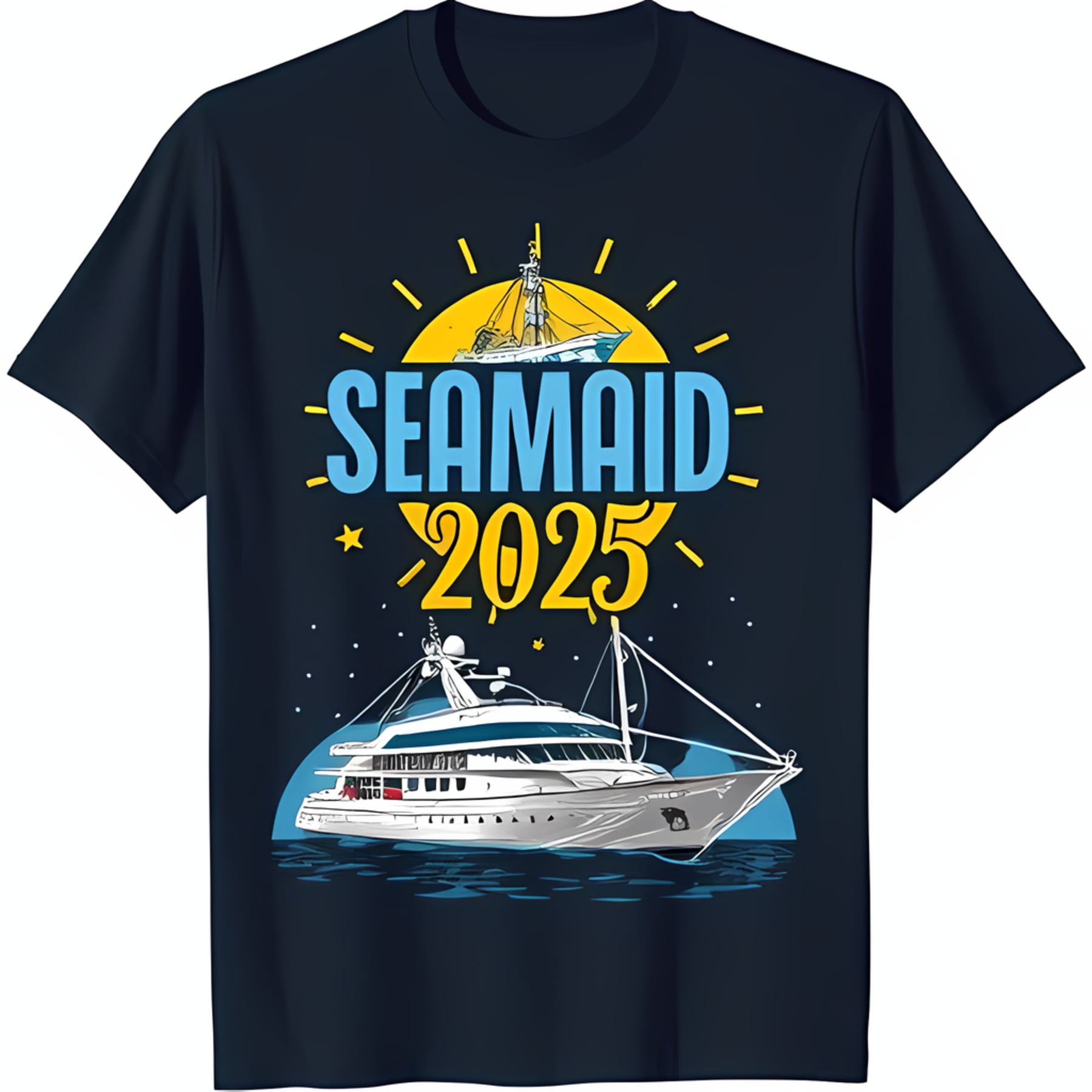 Black T-Shirt with Colorful Yacht Design Blue Ocean & Yellow Sun ...
