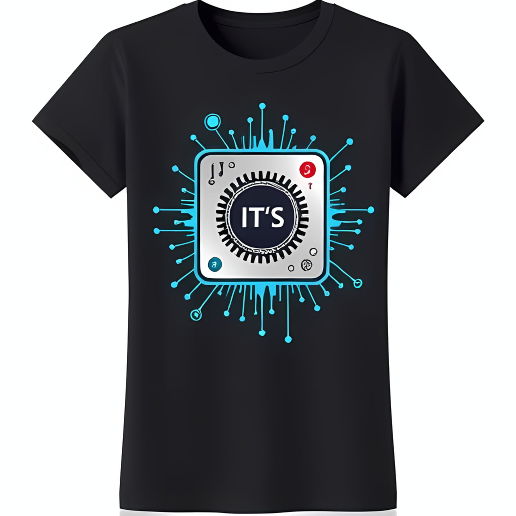 Black T-Shirt with Computer Chip Graphic & 'IT'S' Dial Design Tech ...