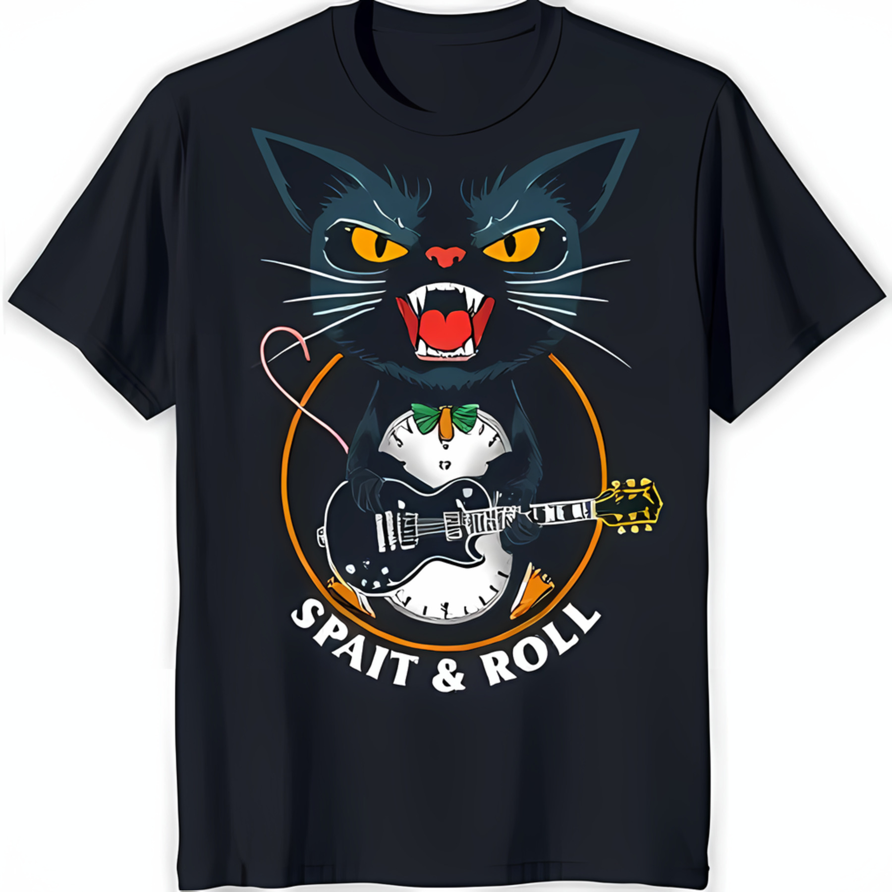 Black T-Shirt with Cool Black Cat in Playing SPAIT & ROLL Design ...