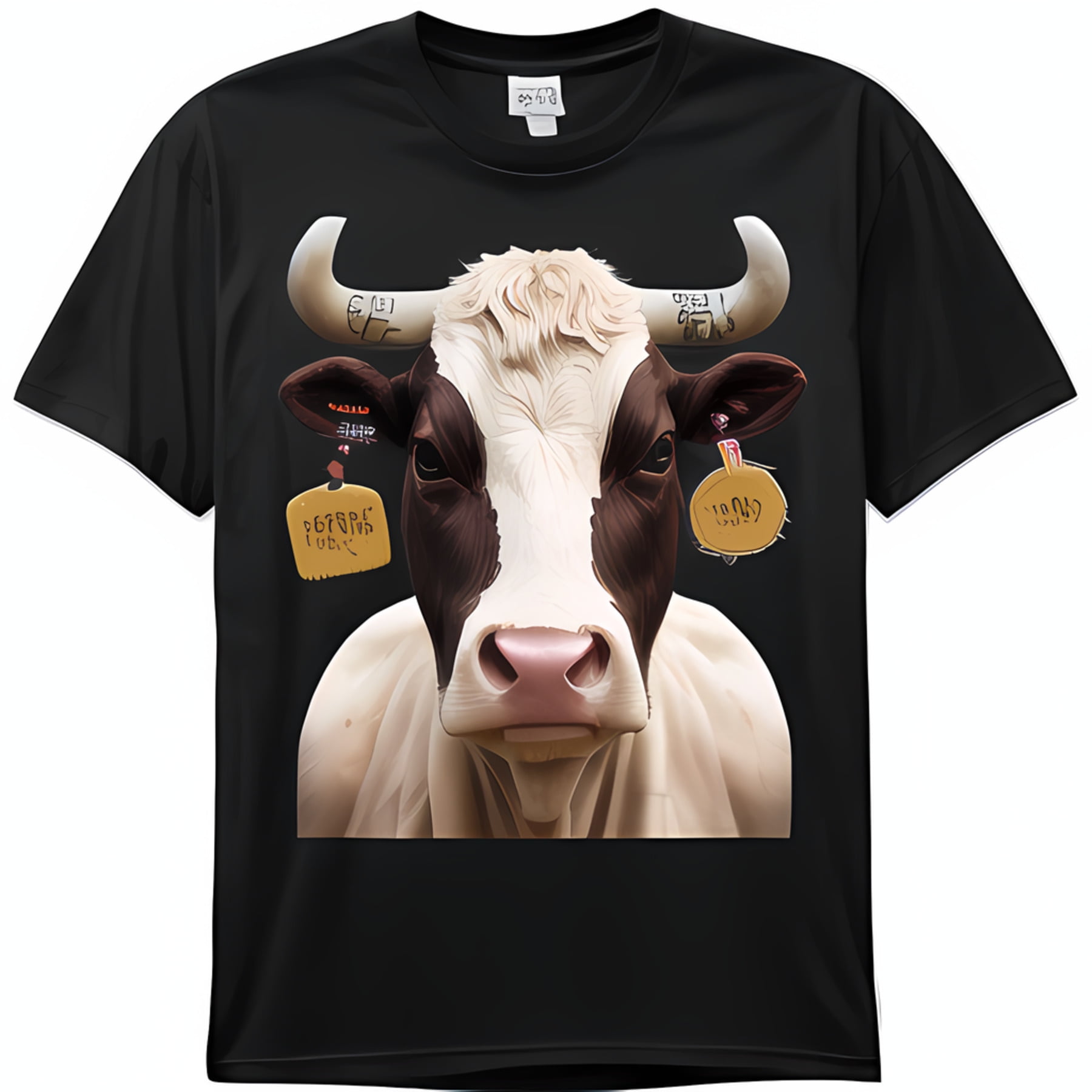 Black T-Shirt with Cow Design Tags on Horns and Collar Full Body View ...
