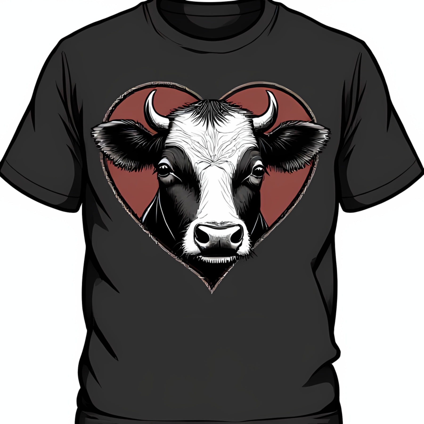 Black T-Shirt with Cow Head Graphic Inside Red Heart Design - Walmart.com