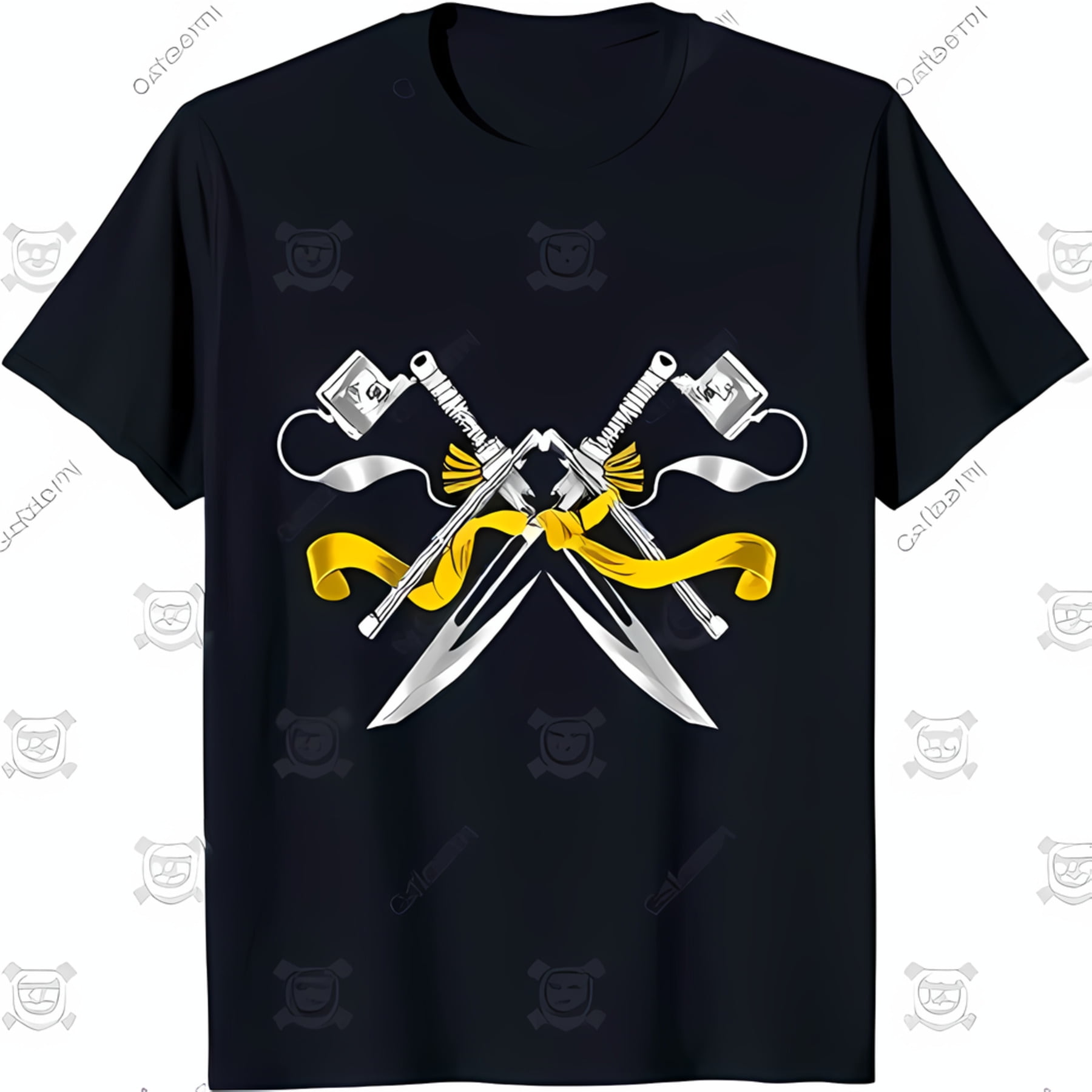 Black T-Shirt with Crossed Graphic Design & Yellow Ribbon Detail ...